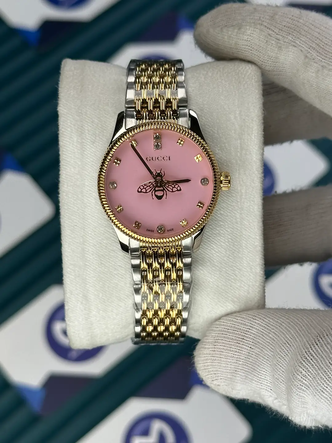 GUCCI PINK DIAL SPINNING BUTTERFLY GOLD-SILVER