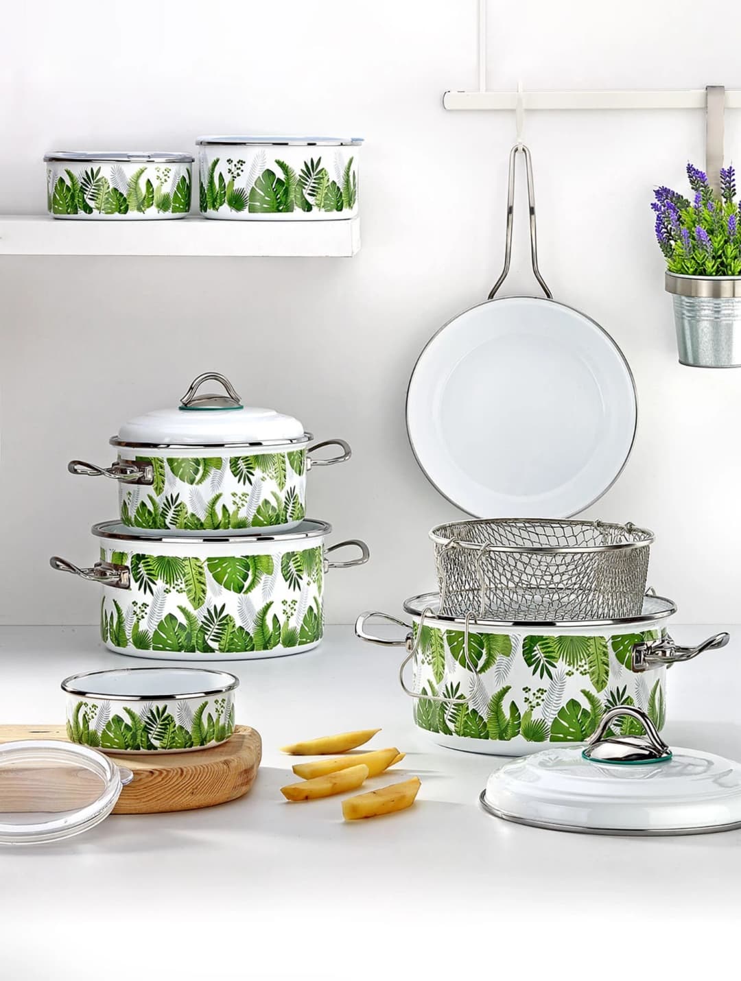 Bonera Emaye 14 Parça Retro Set, Tencere Tava Fritöz Saklama Kabı Emaye ...