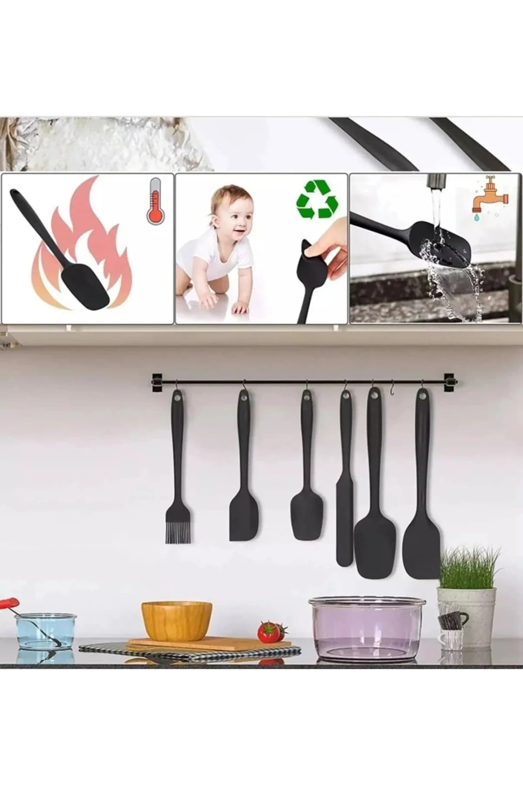 Isıya Dayanıklı Siyah Silikon Spatula Seti – Miomi Türkiye