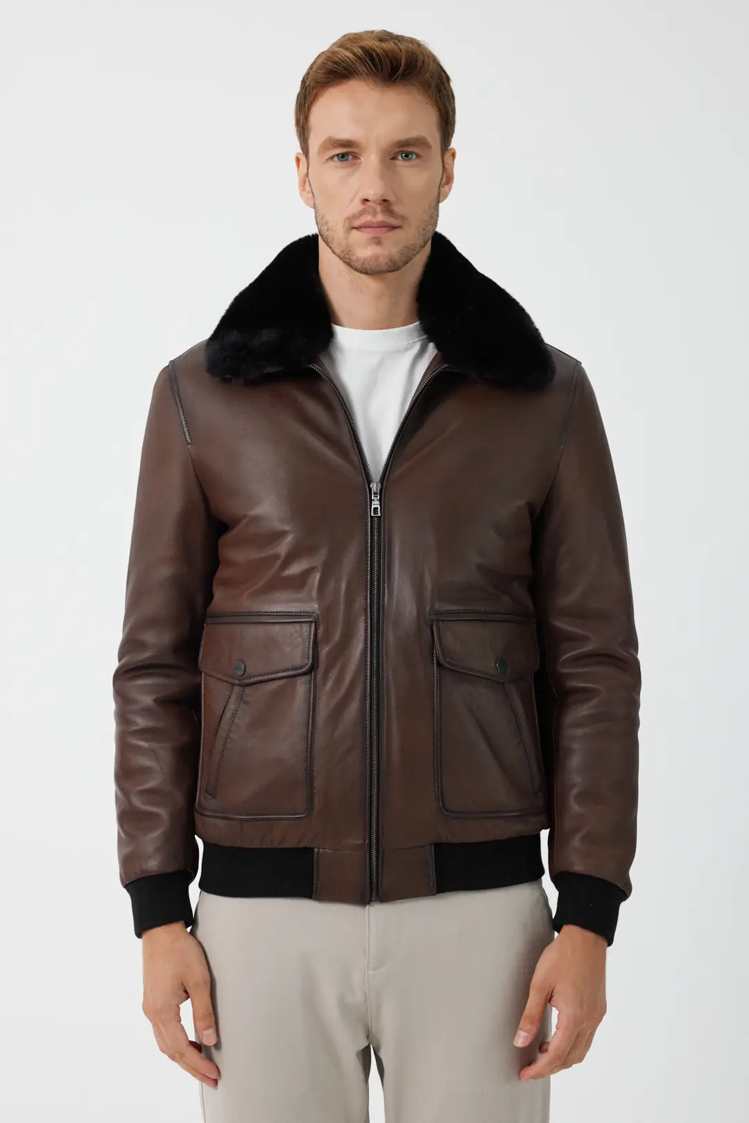 Delrick Erkek Kahverengi Kürklü Deri Mont - Erkek Deri Mont - Dericompany