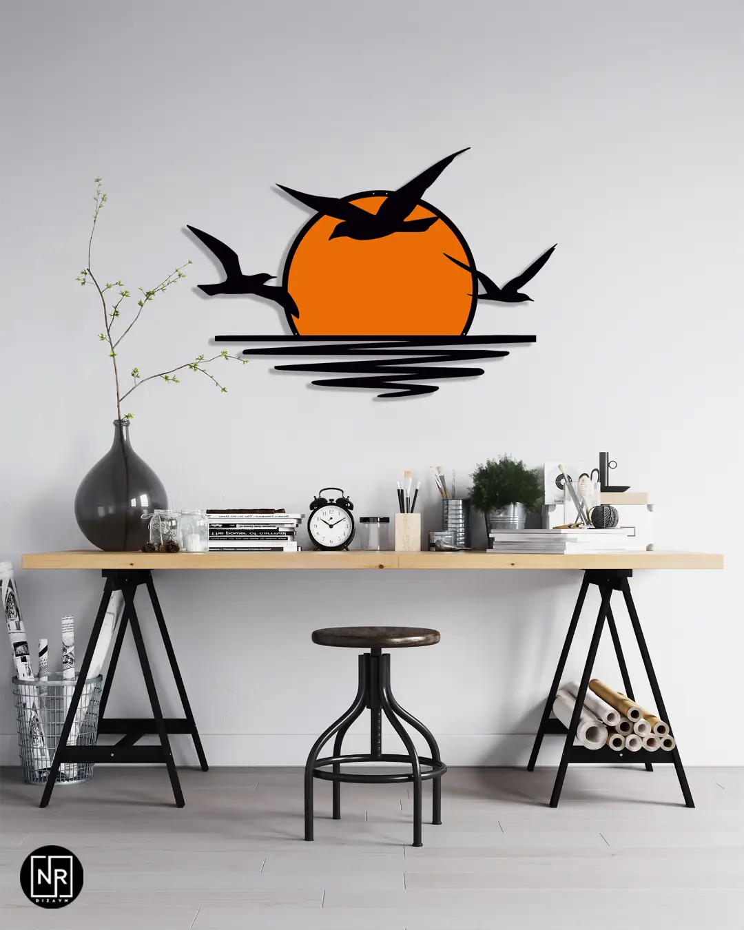 Gün Batımı ve Martı Motifli Metal Tablo - Modern Dekoratif Duvar Sanatı
