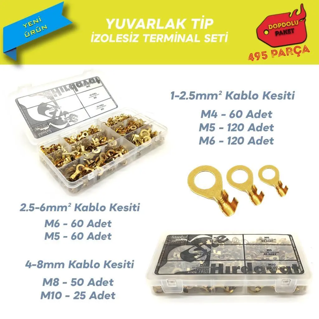 495 Parça İzolesiz Yuvarlak Tip Kablo Ucu Seti