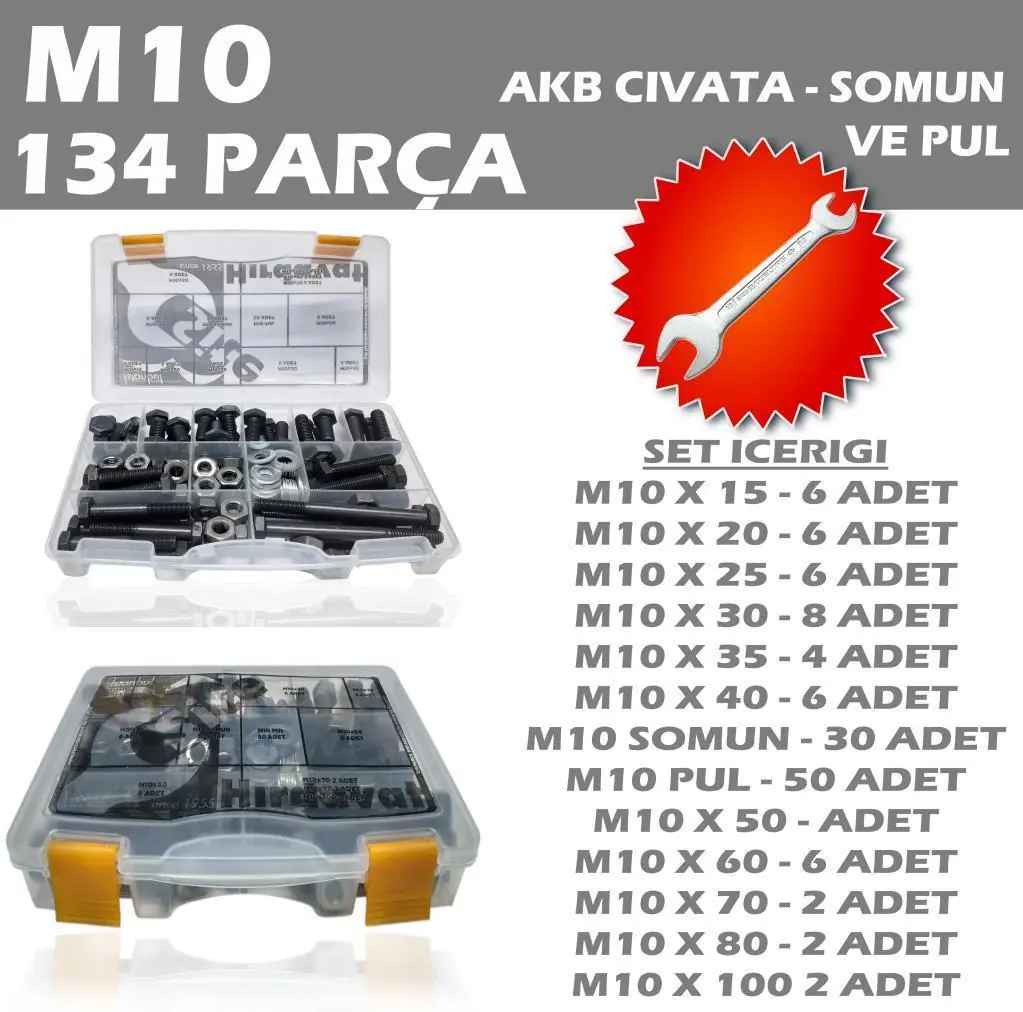 134 Parça M10 AKB Civata Seti + 13-17 Açık Ağızlı Anahtar Seti