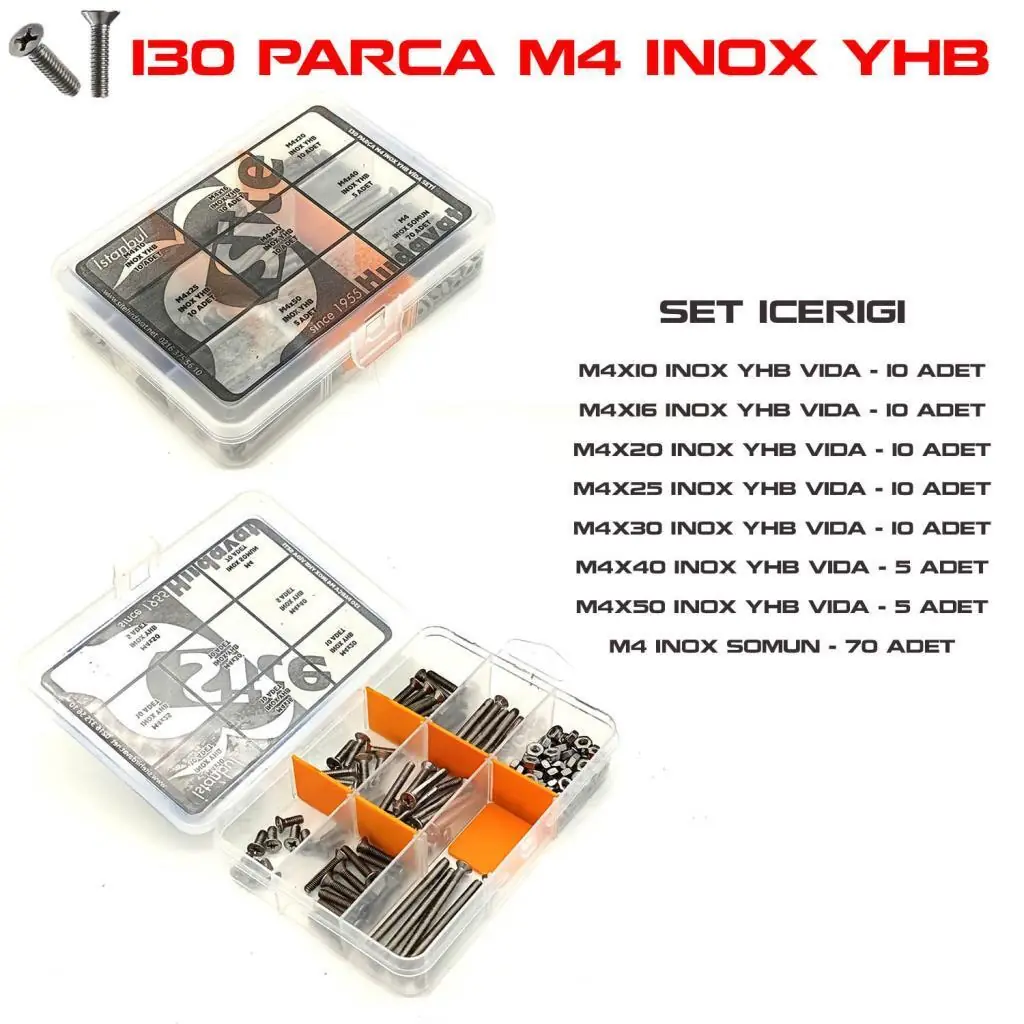 130 Parça M4 İnox YHB Vida Somun ve Pul Seti
