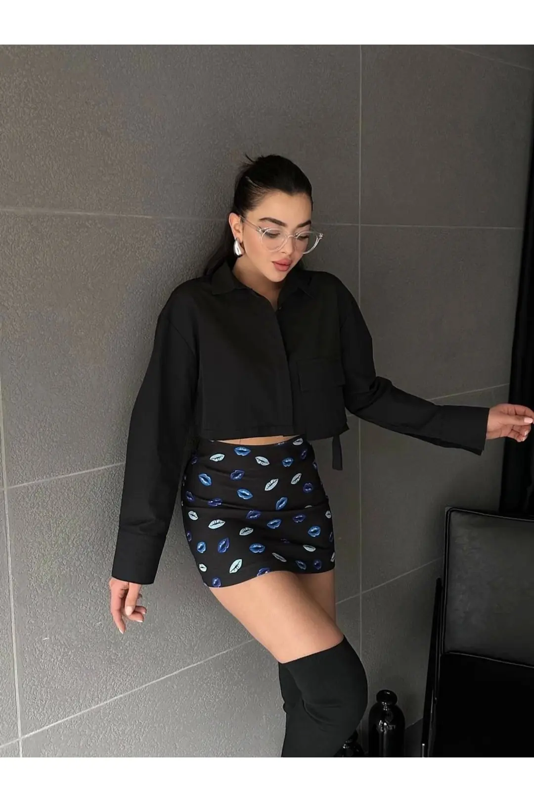 Öpücük Desenli Muadil Mini Etek