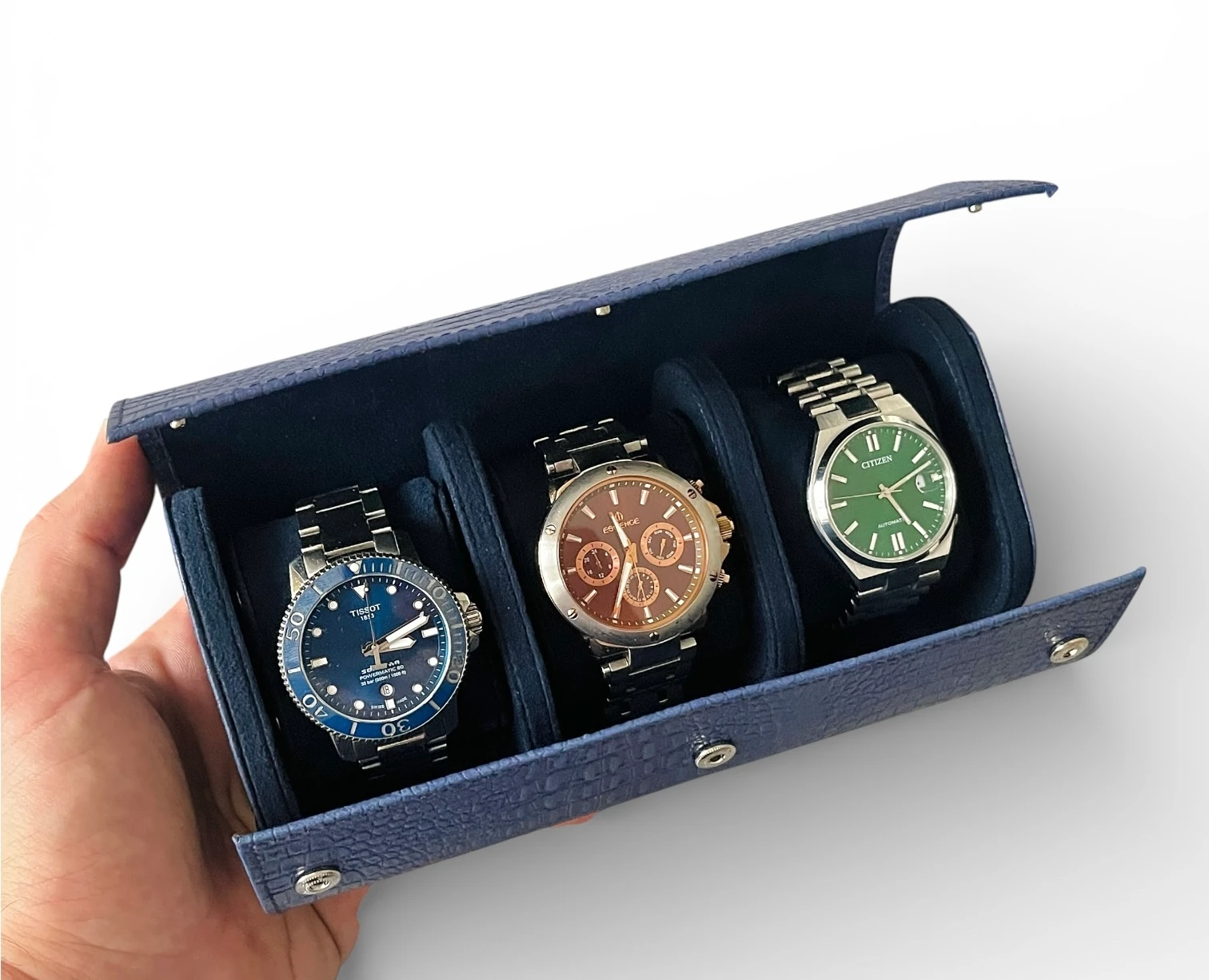 LEATHER 3-WATCH BOX-CROCO BLUE