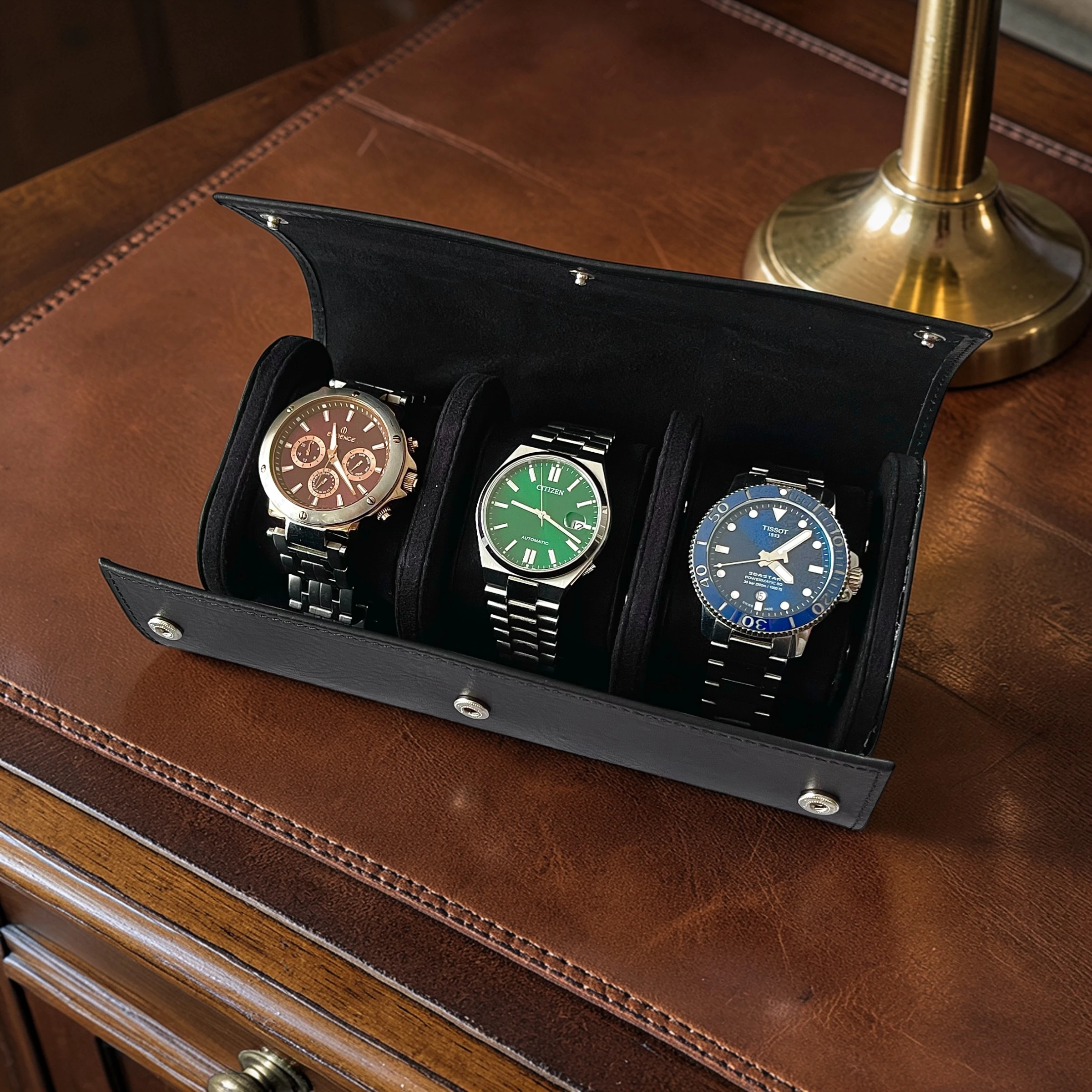 LEATHER 3-WATCH BOX-BLACK