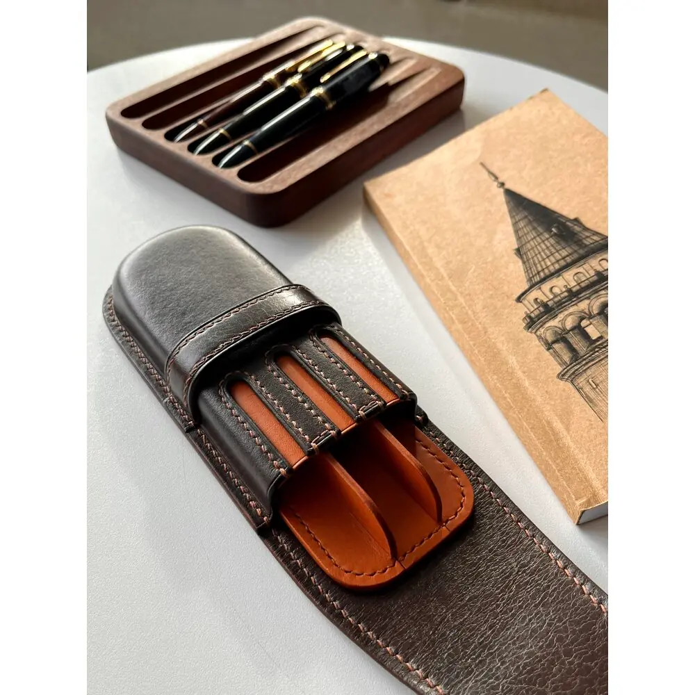 COFFEE BEAN LEATHER PEN CASE FOR THREE PENS
