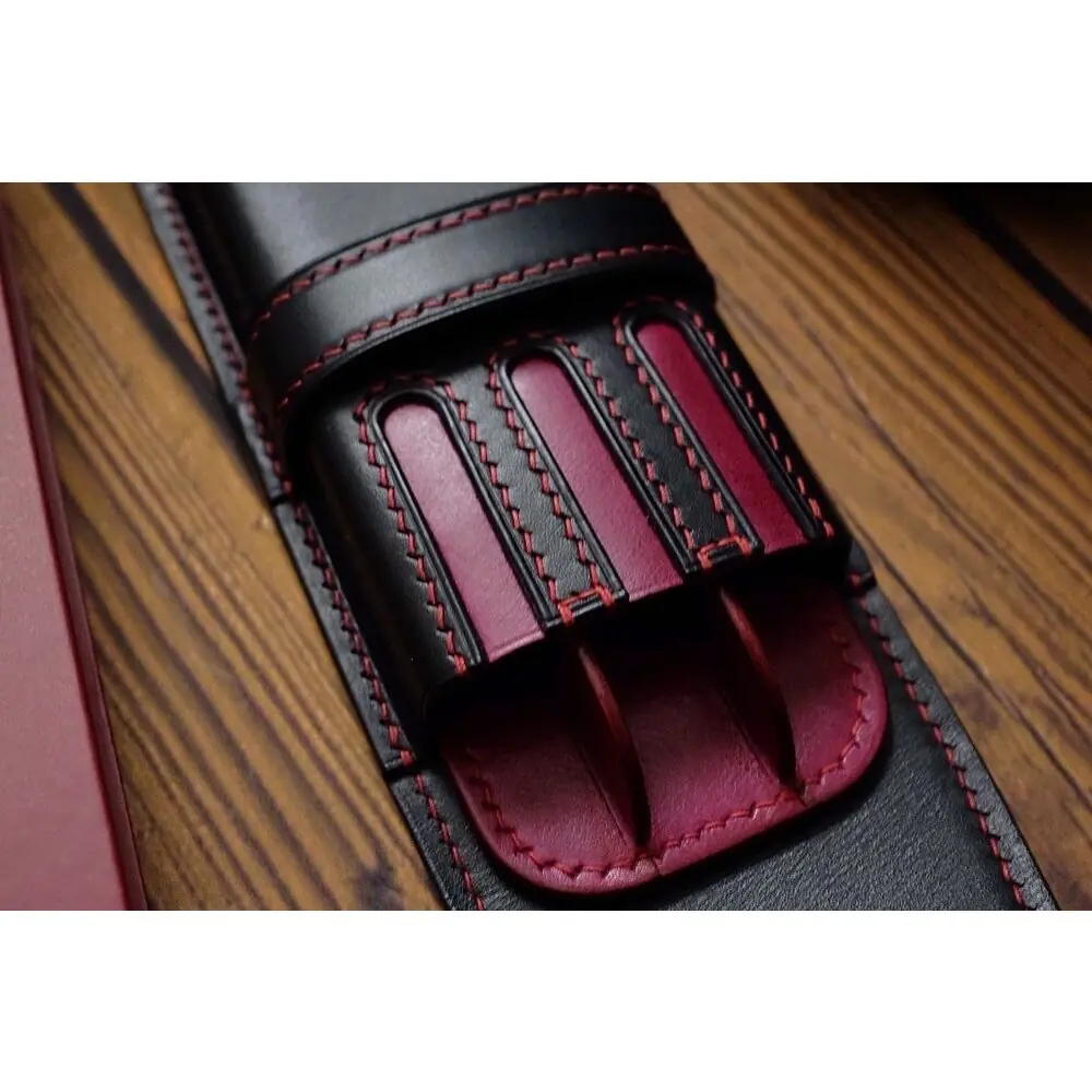 BLACK RUBY LEATHER PEN CASE FOR THREE PENS