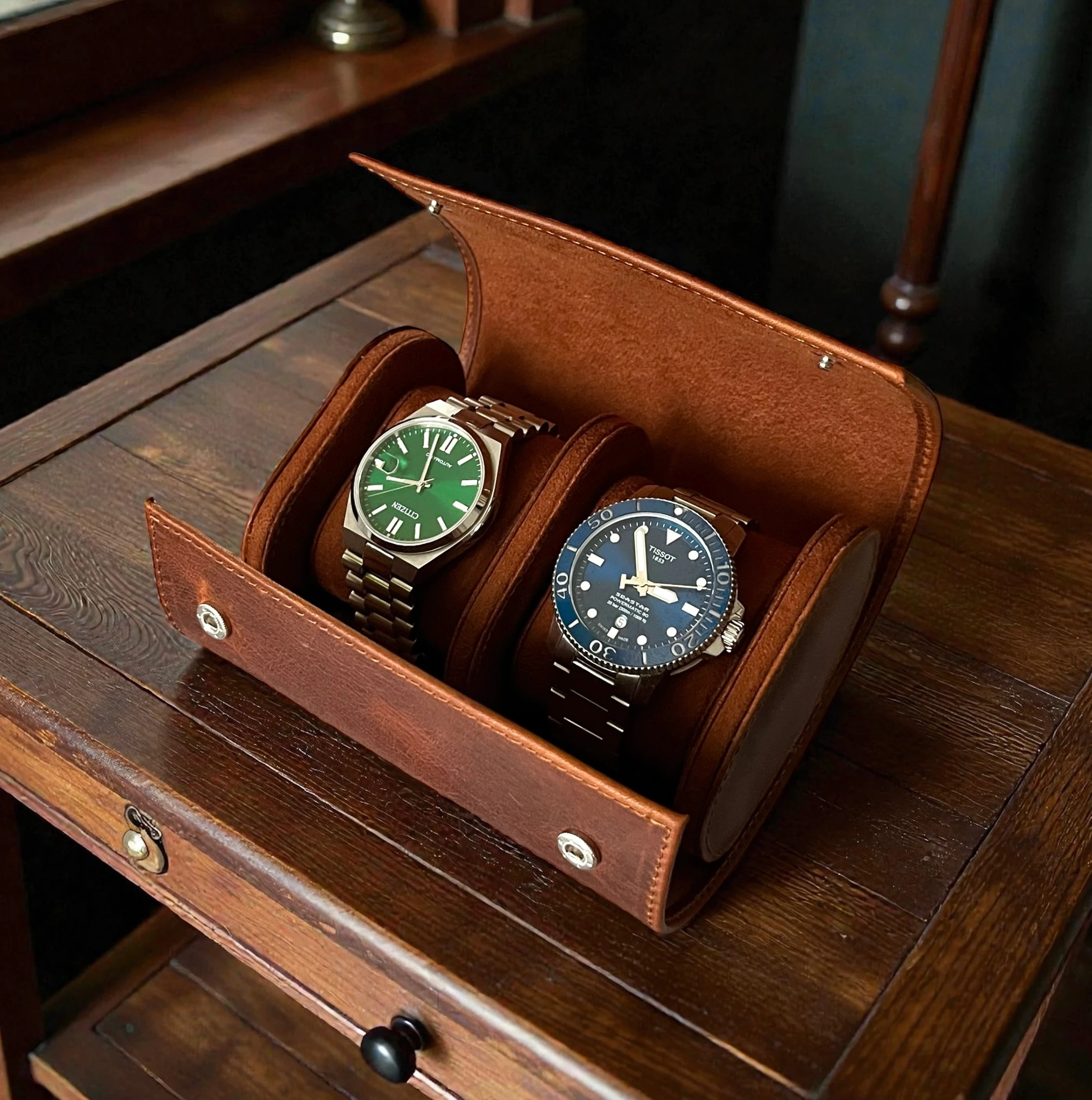 LEATHER 2-WATCH BOX-BROWN