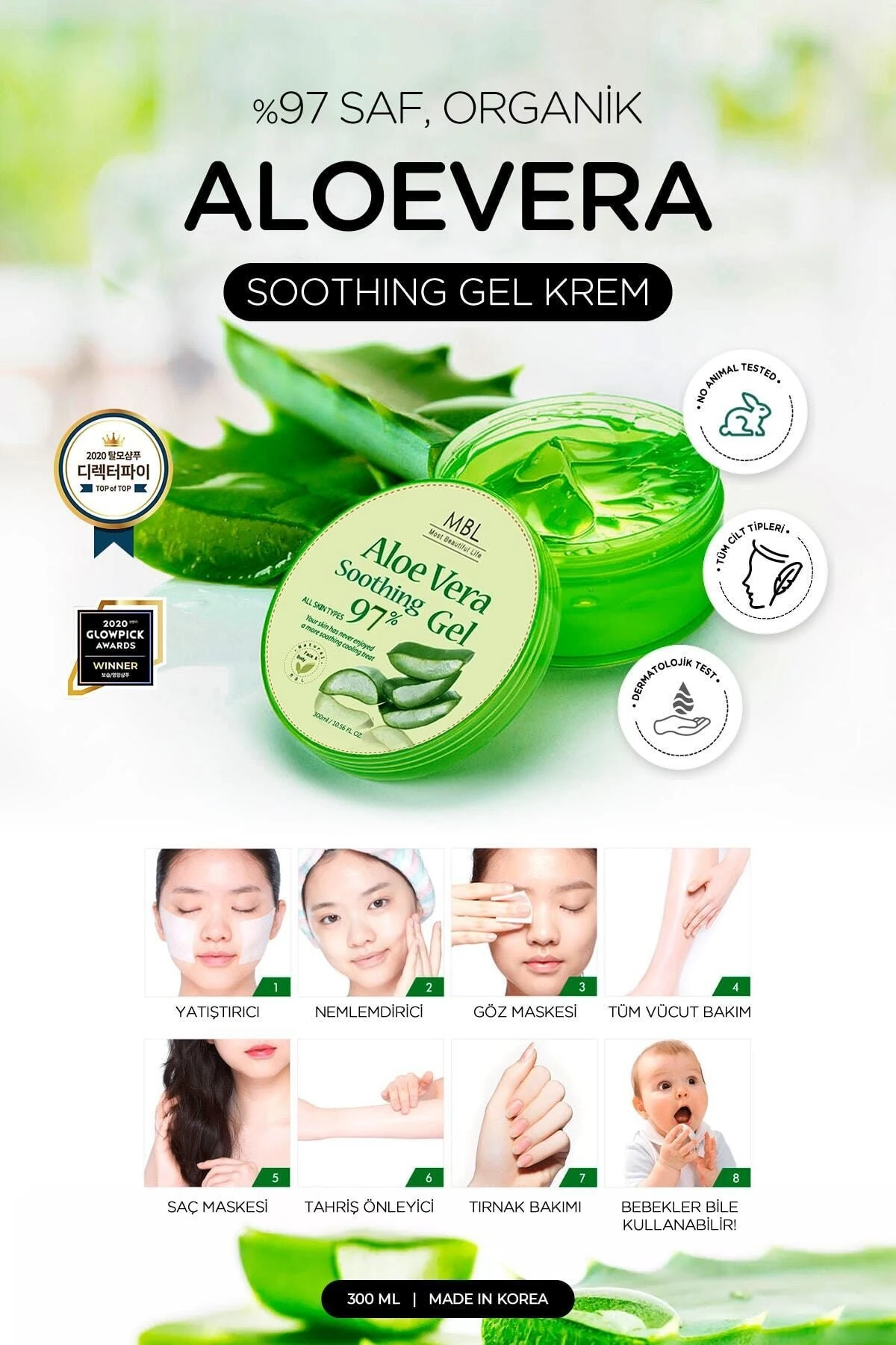 %97 Saf Aloe Vera Jel Nemlendirici Soothing Jel Krem 300 ml Büyük Boy
