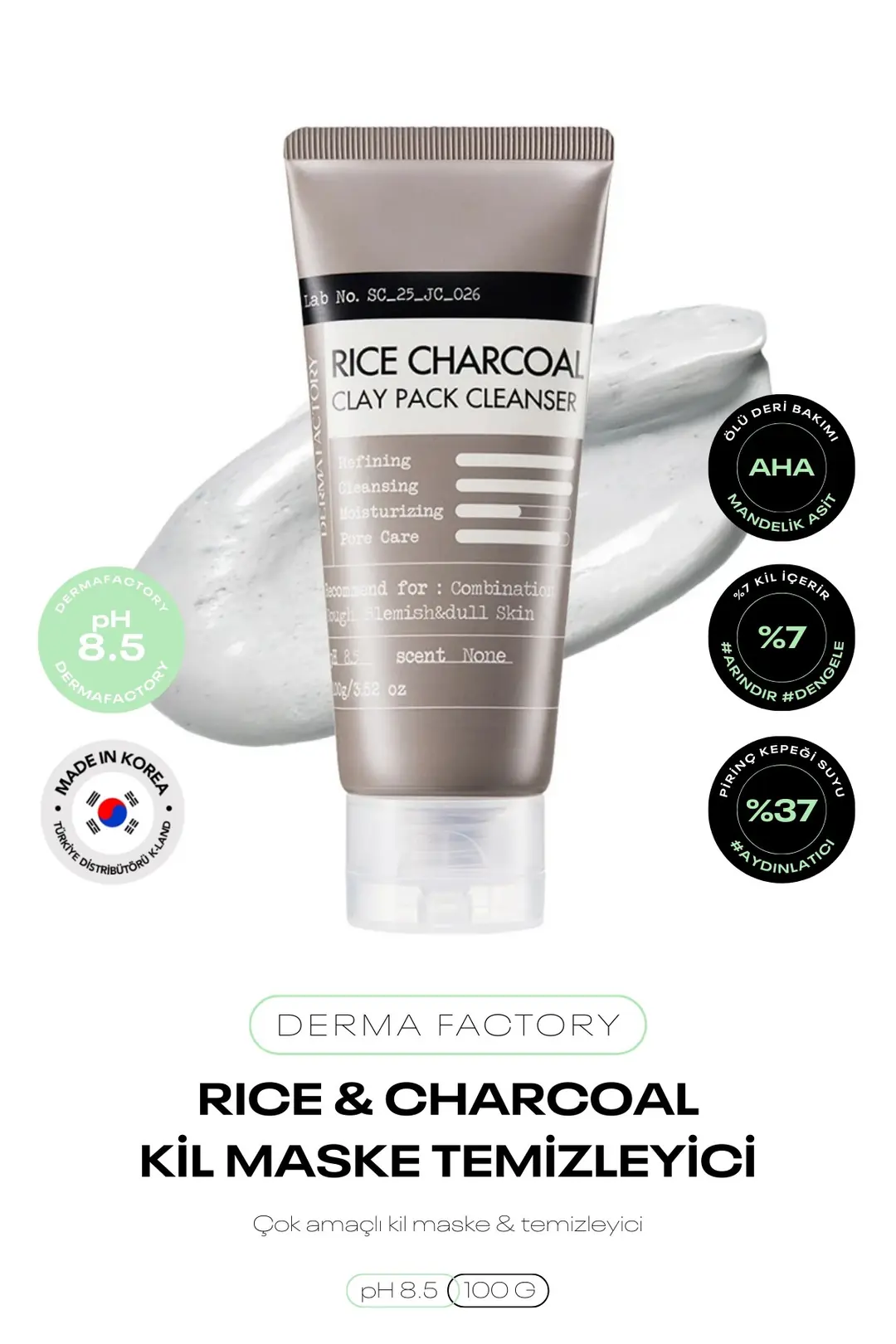 %37 Pirinç Suyu %1 Mandelik Asit Çok Amaçlı Kil Maske Temizleyici Rice