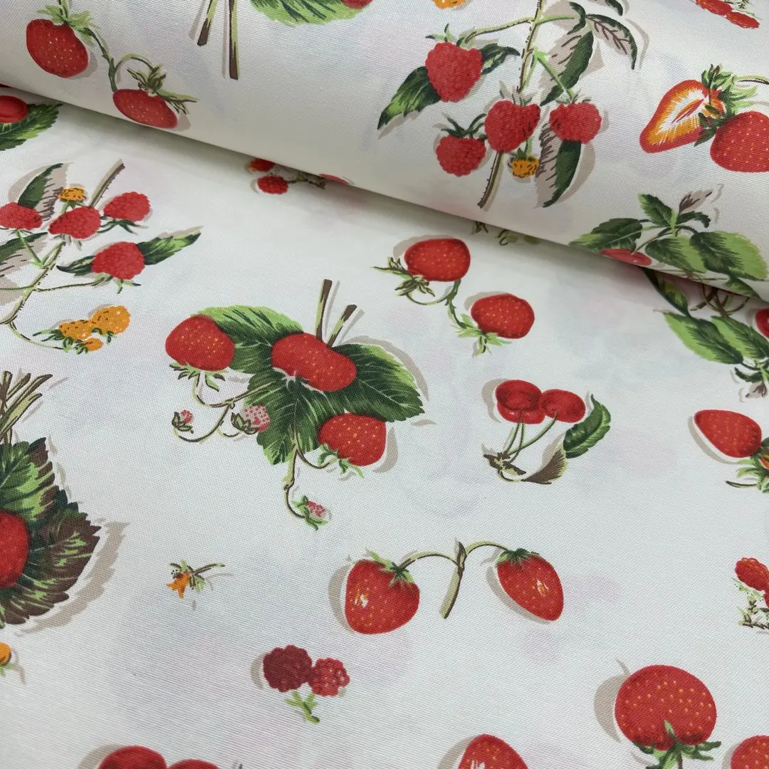 Strawberry And Cherry Panama Linen Fabric | Fabricania