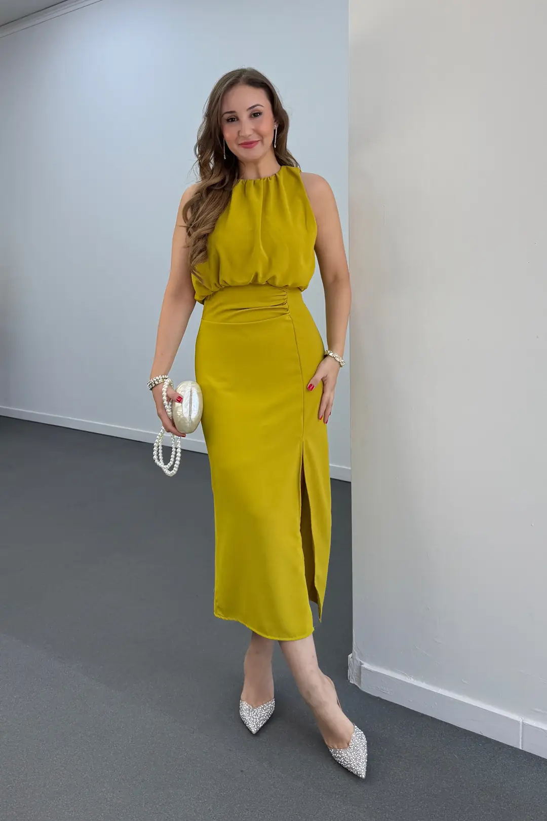 Rahale Yağ Yeşili Yırtmaçlı Kalem Elbise