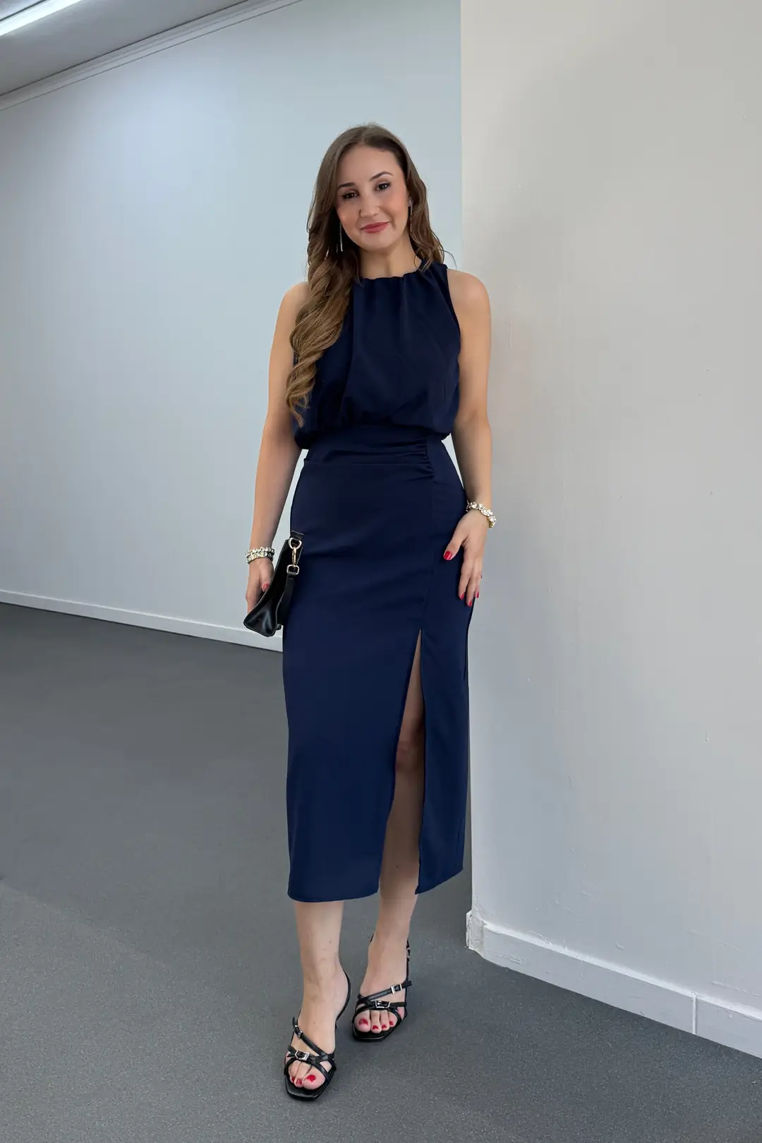 Rahale Lacivert Yırtmaçlı Kalem Elbise