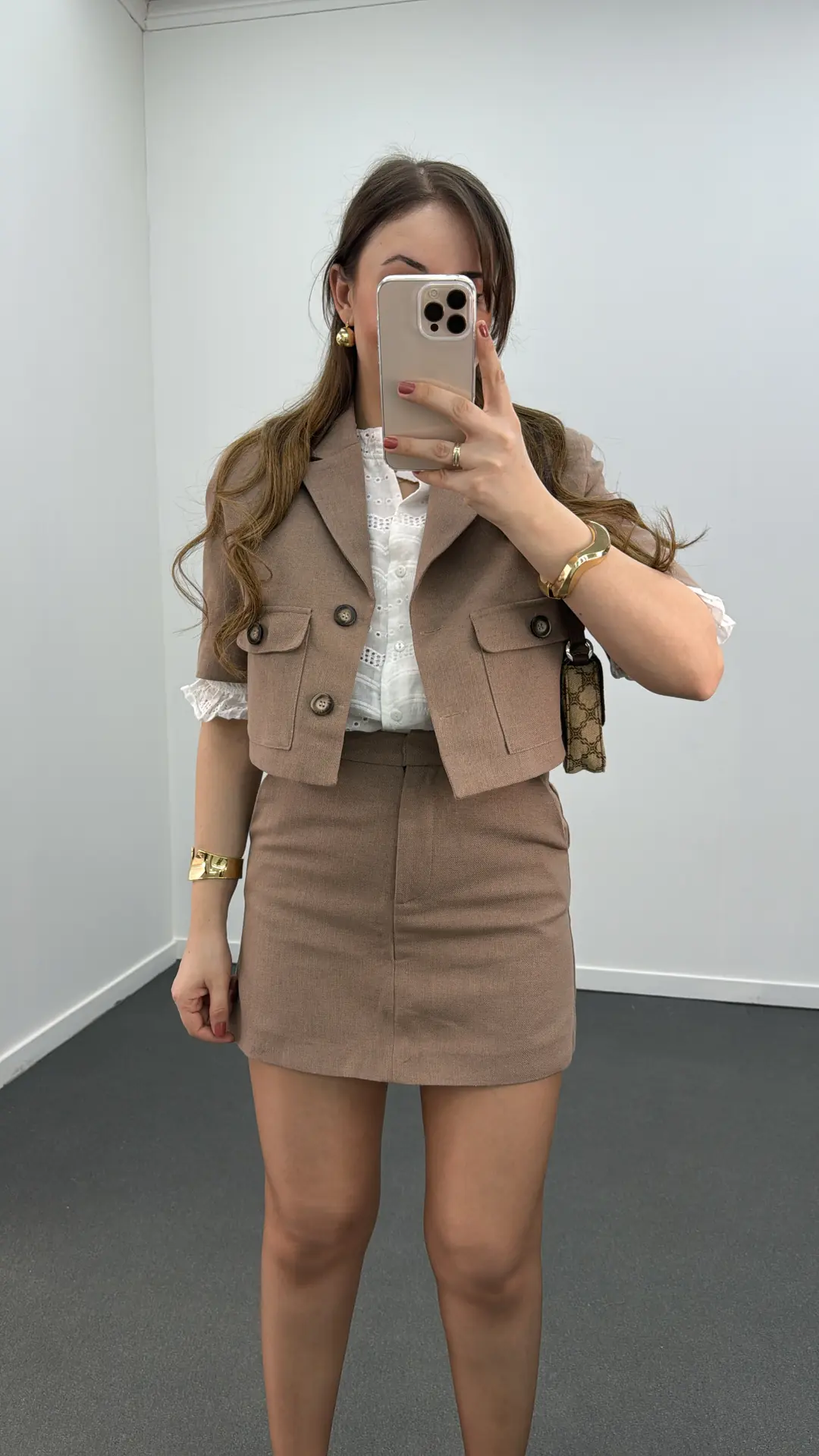 Nika Kahve Keten Crop Ceket Ve Şort Etek Takımı