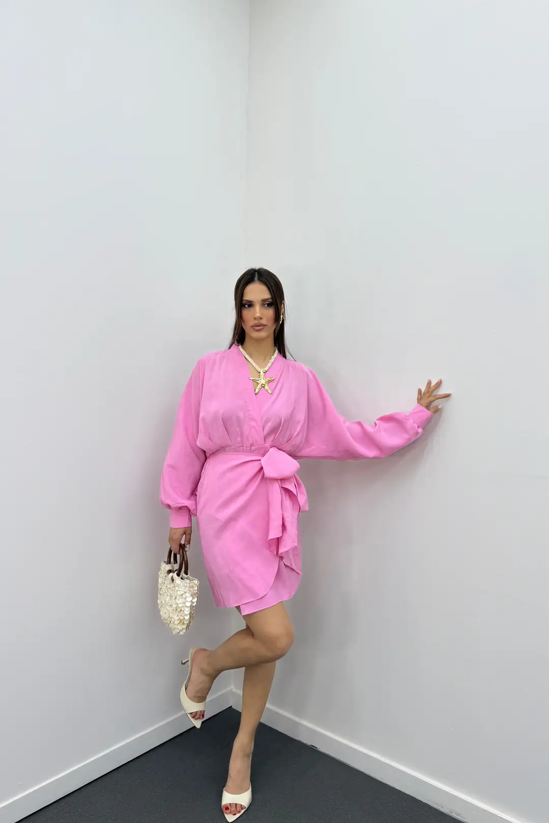 Nicky Pembe Modal Kruvaze Bağlamalı Elbise