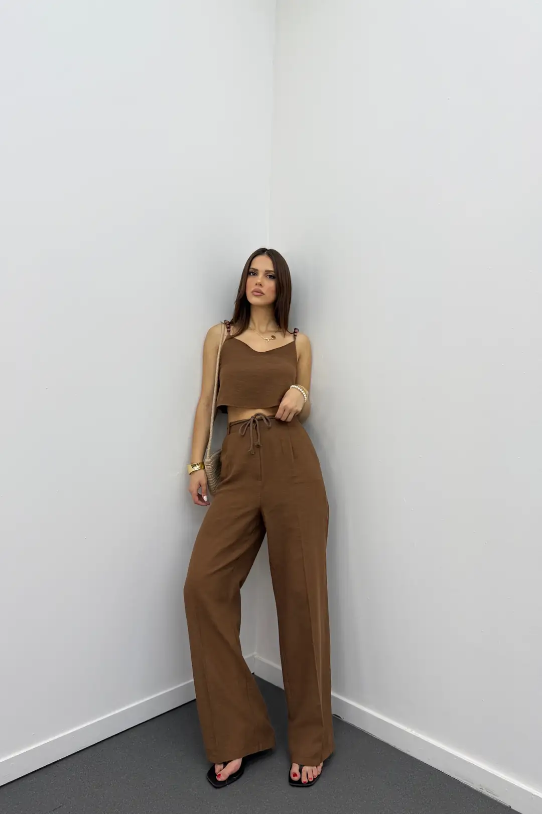 Aria Kahve Keten Kumaş Boncuklu Takım