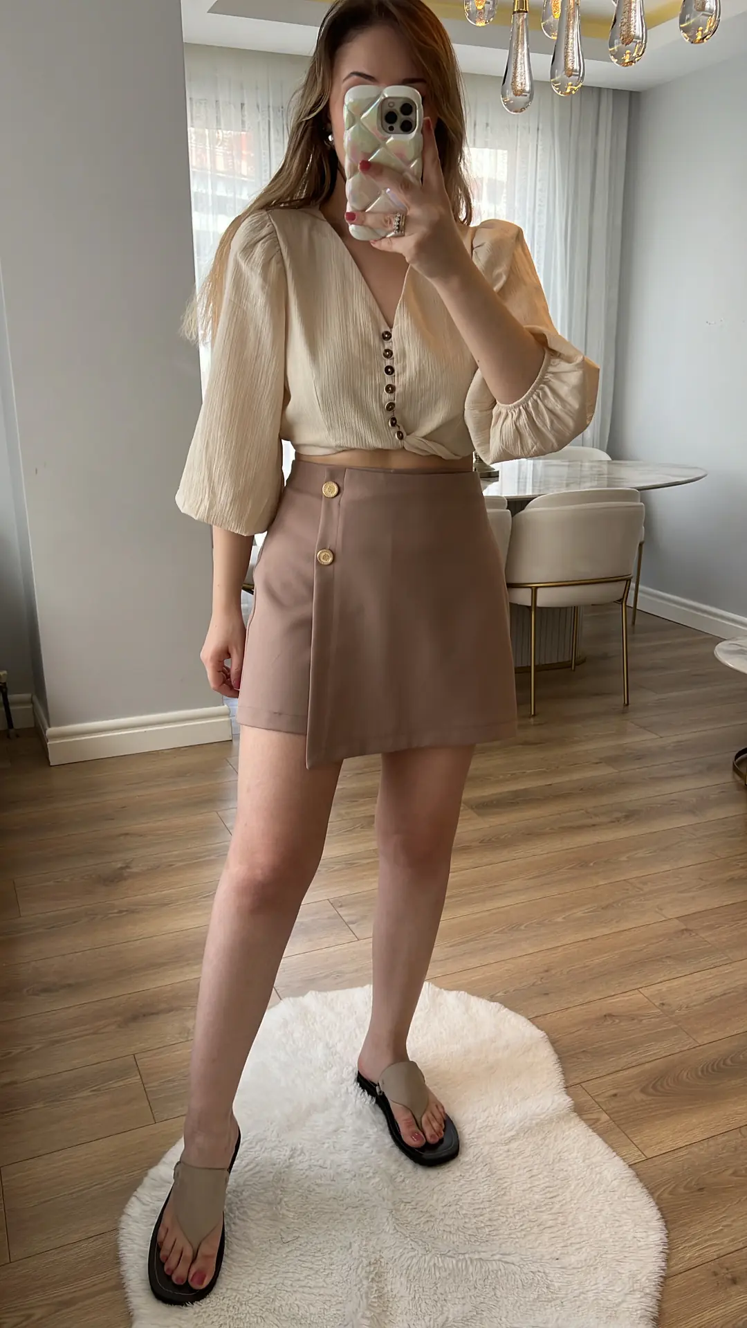 Kahve Gold Düğmeli Şort Etek