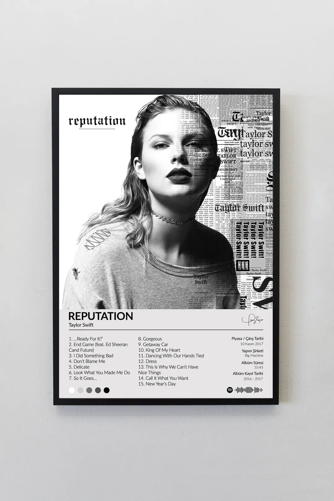 Taylor Swift Reputation Albümü Siyah Çerçeveli Spotify Barkodlu Albüm