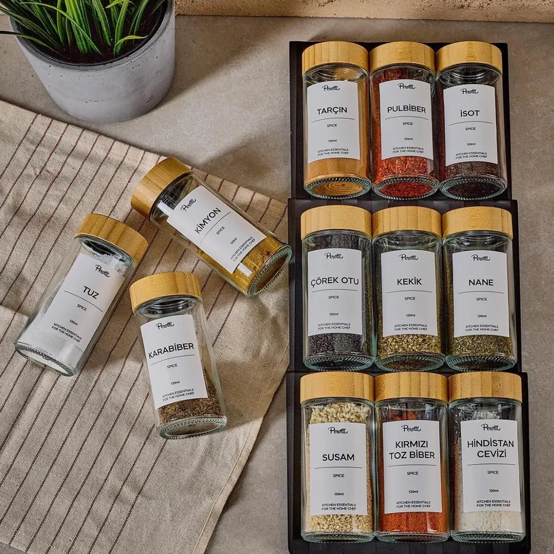 Raul Bamboo 12'li Minimal Bambu Kapak Baharatlık Seti 120ml-30 Ad. Siyah-Beyaz Etiket Hediyeli