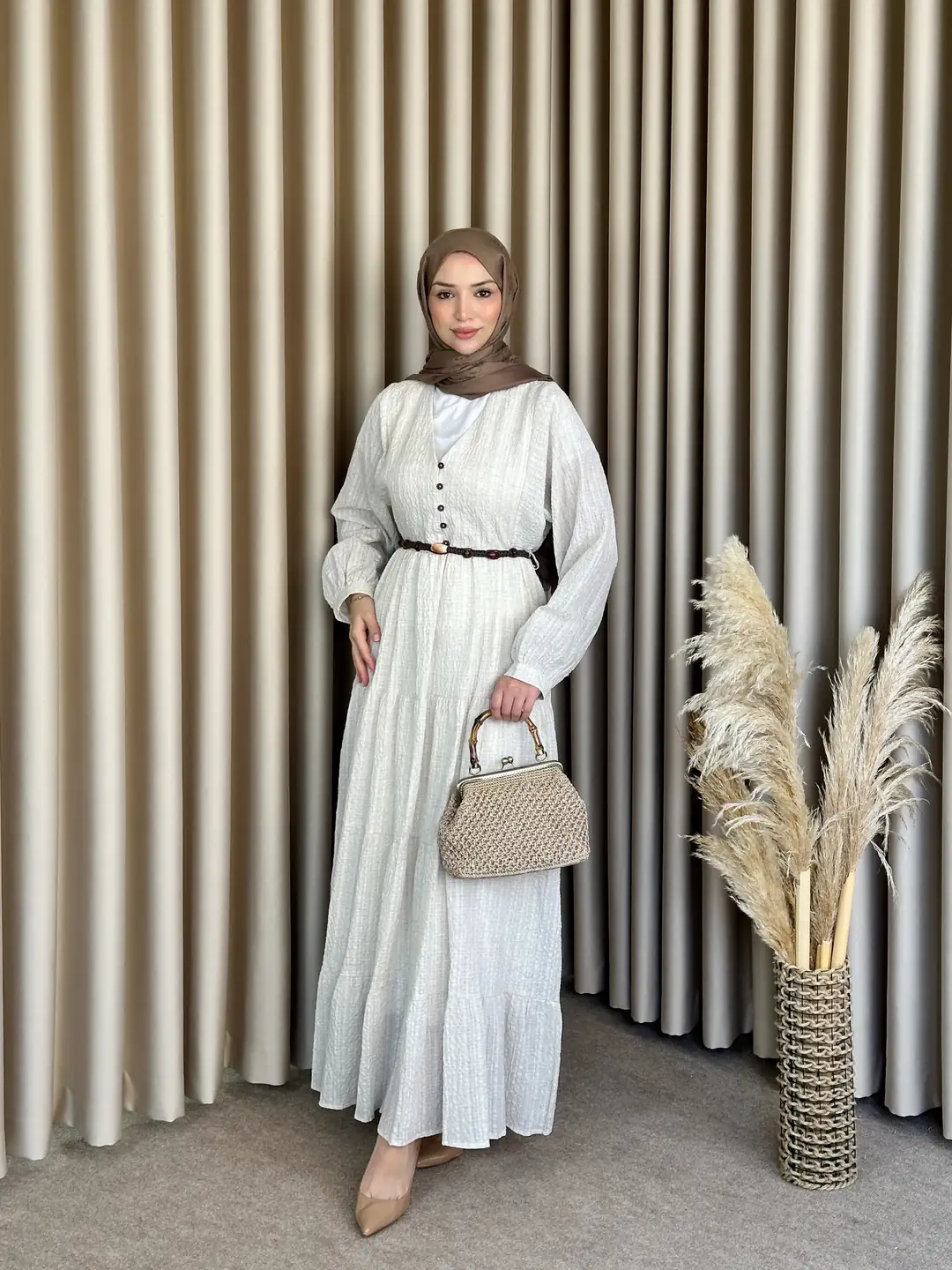 İp Detaylı Düğmeli Elbise Beyaz ELB - Siina Official