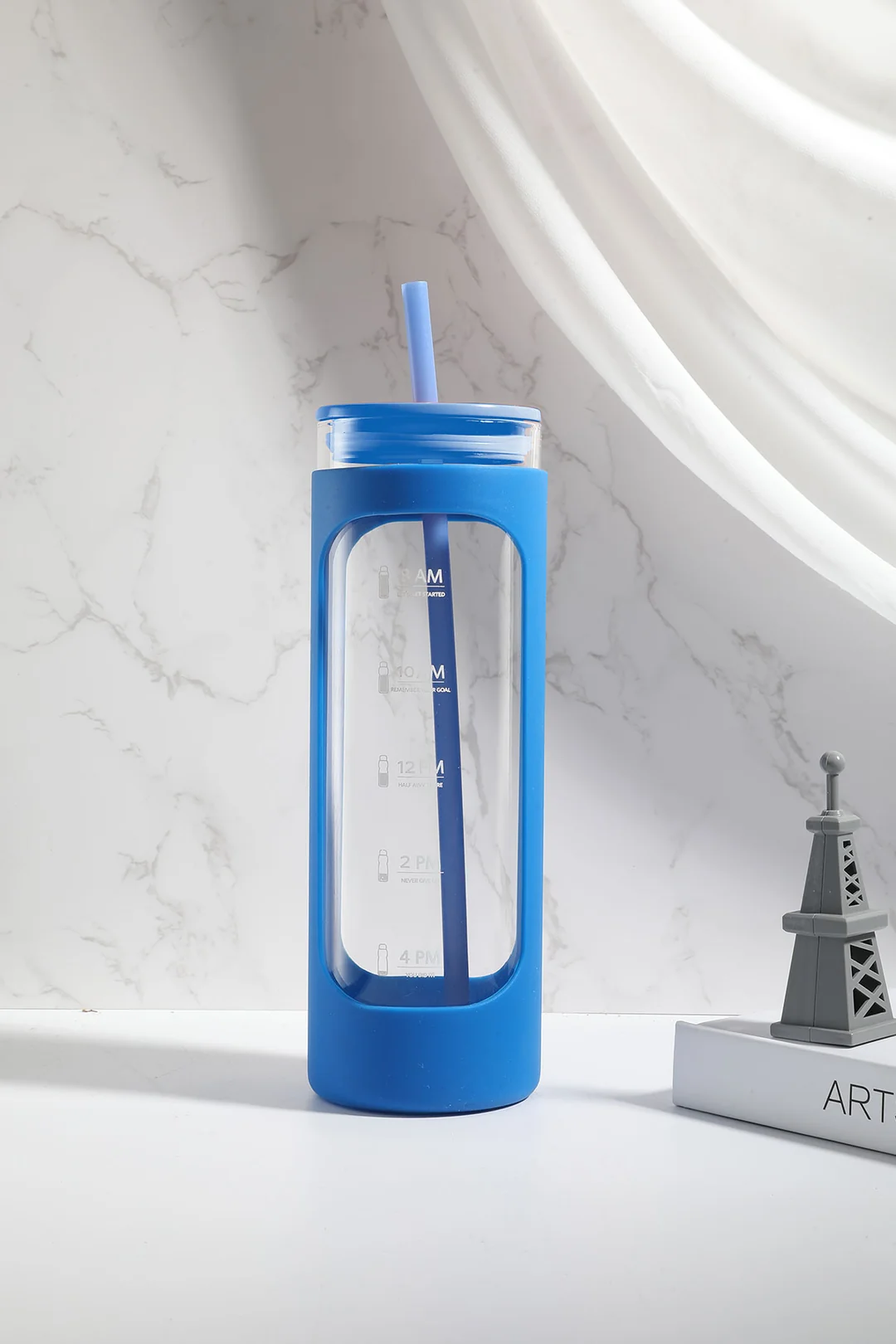 Silikon Kılıflı Pipetli Borosilikat Cam Şişe (475ml) - Mavi