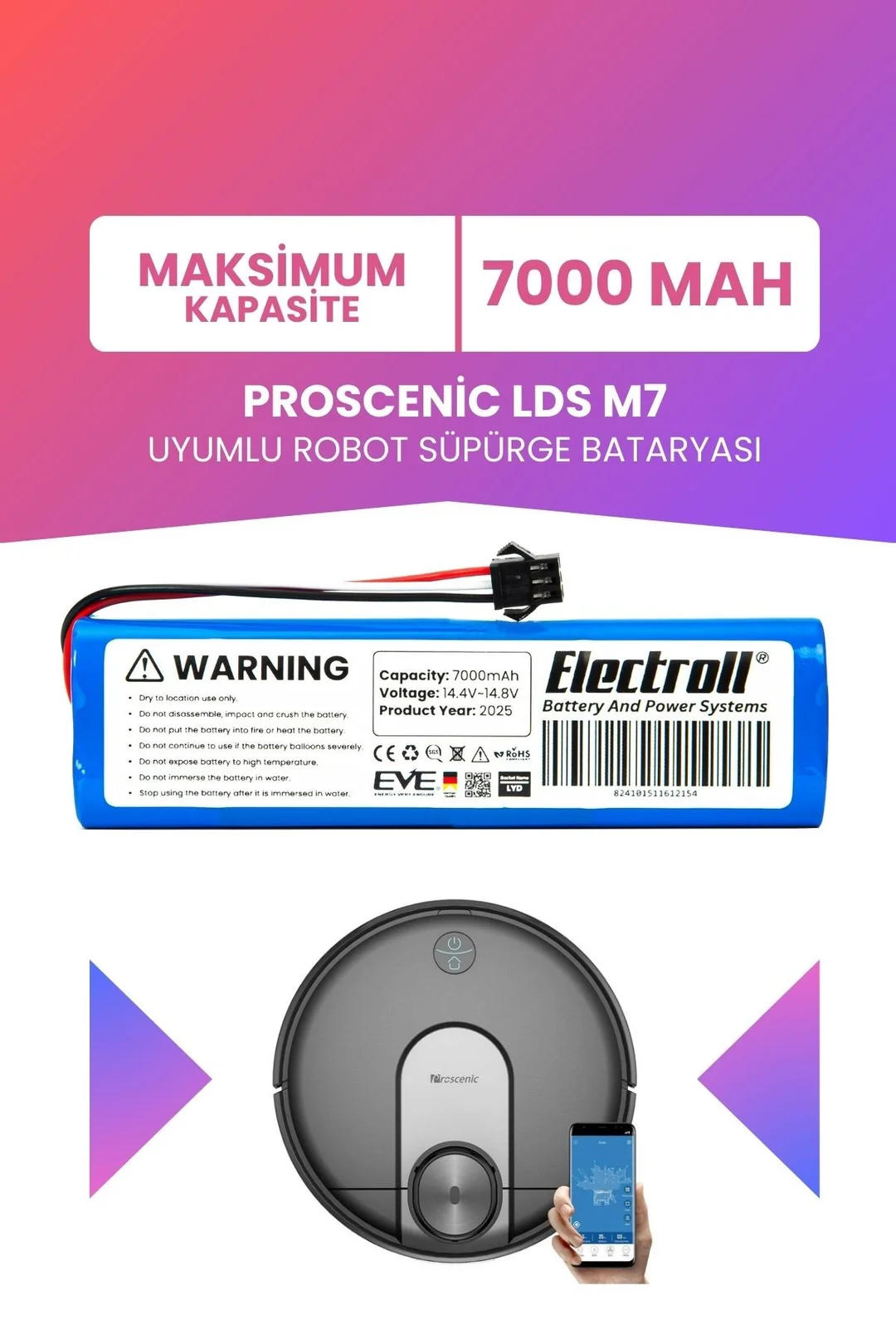 🔋Proscenic LDS M7 Robot Süpürge Bataryası | 7000mAh Maksimum Kapasite