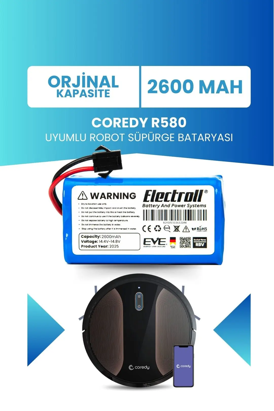 🔋Coredy R580 Robot Süpürge Bataryası | 2600mAh Orjinal Kapasite