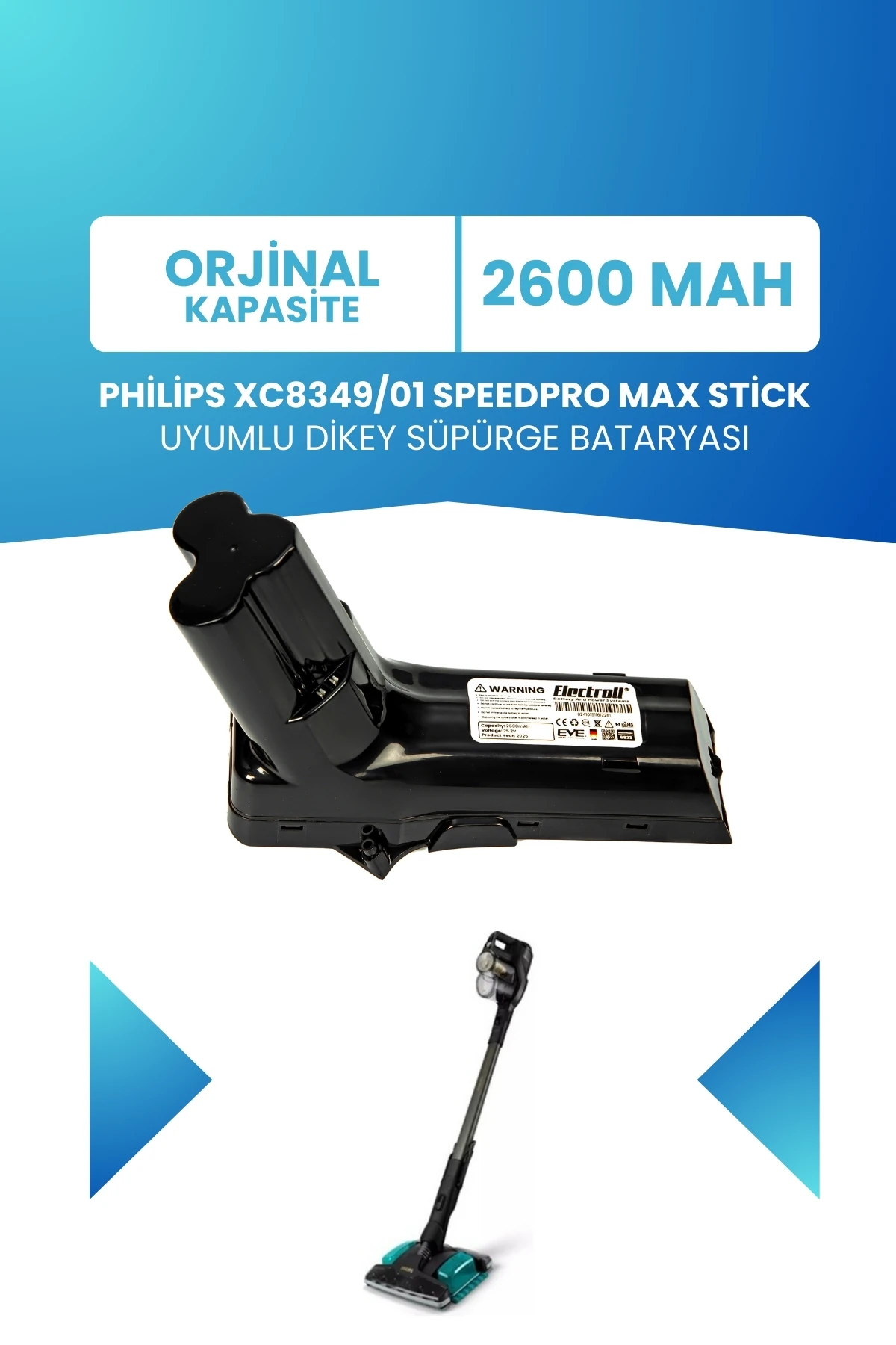 Philips 8000 Serisi XC8349/01 Speedpro Max Stick Uyumlu Batarya 25.2 V ...
