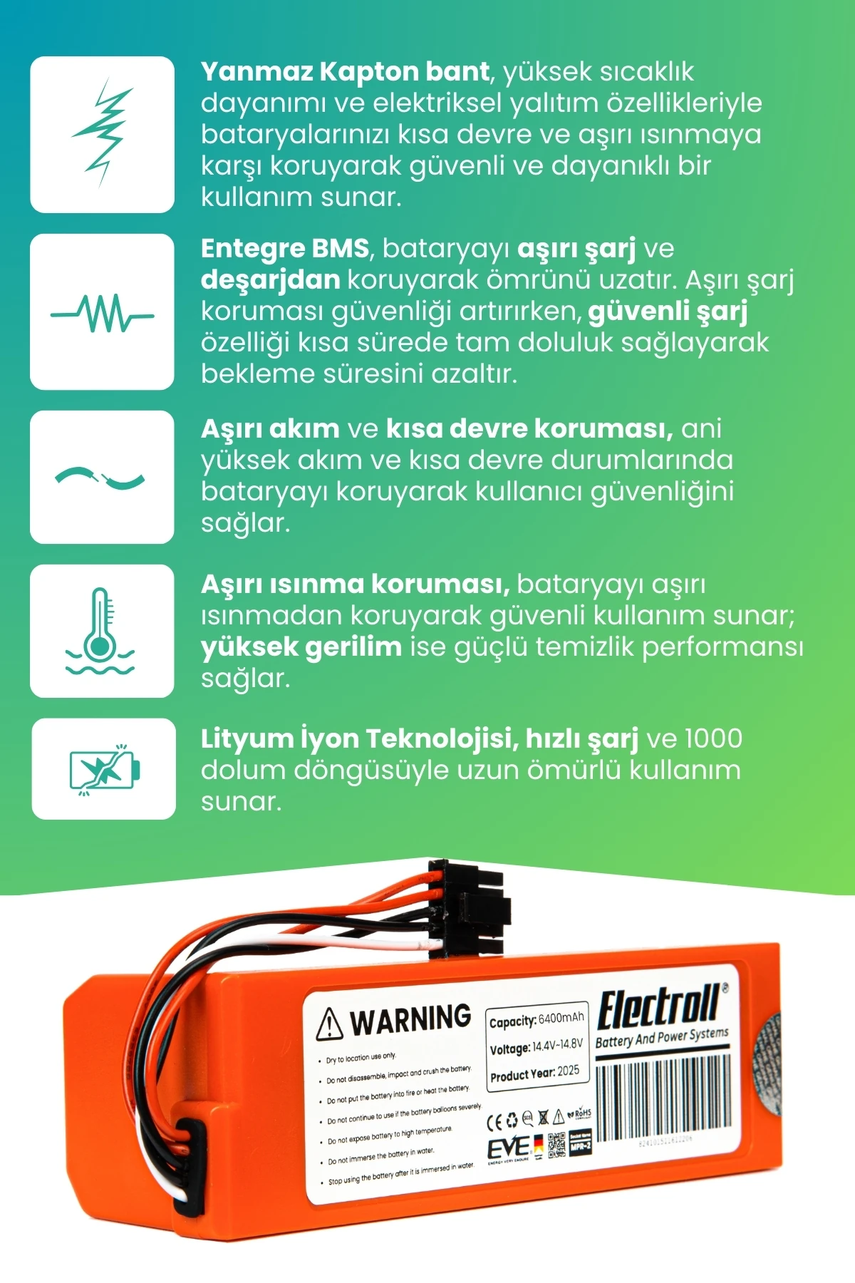 Karcher Rcv5 Uyumlu Batarya (ULTRA YÜKSEK KAPASİTE) 6400mah Pil Robot ...
