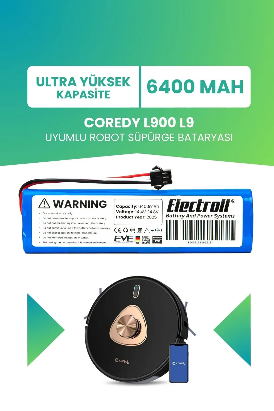 🔋Coredy L900 L9 Robot Süpürge Bataryası | 6400mAh Ultra Yüksek Kapasite