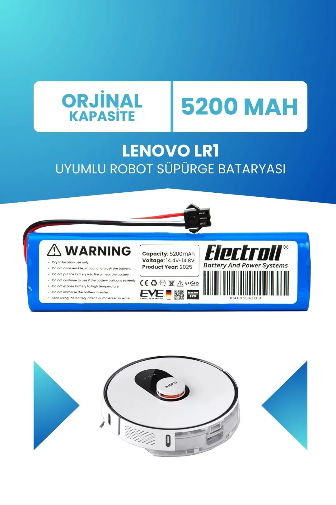 🔋Lenovo Lr1 Robot Süpürge Bataryası | 5200mAh Orjinal Kapasite