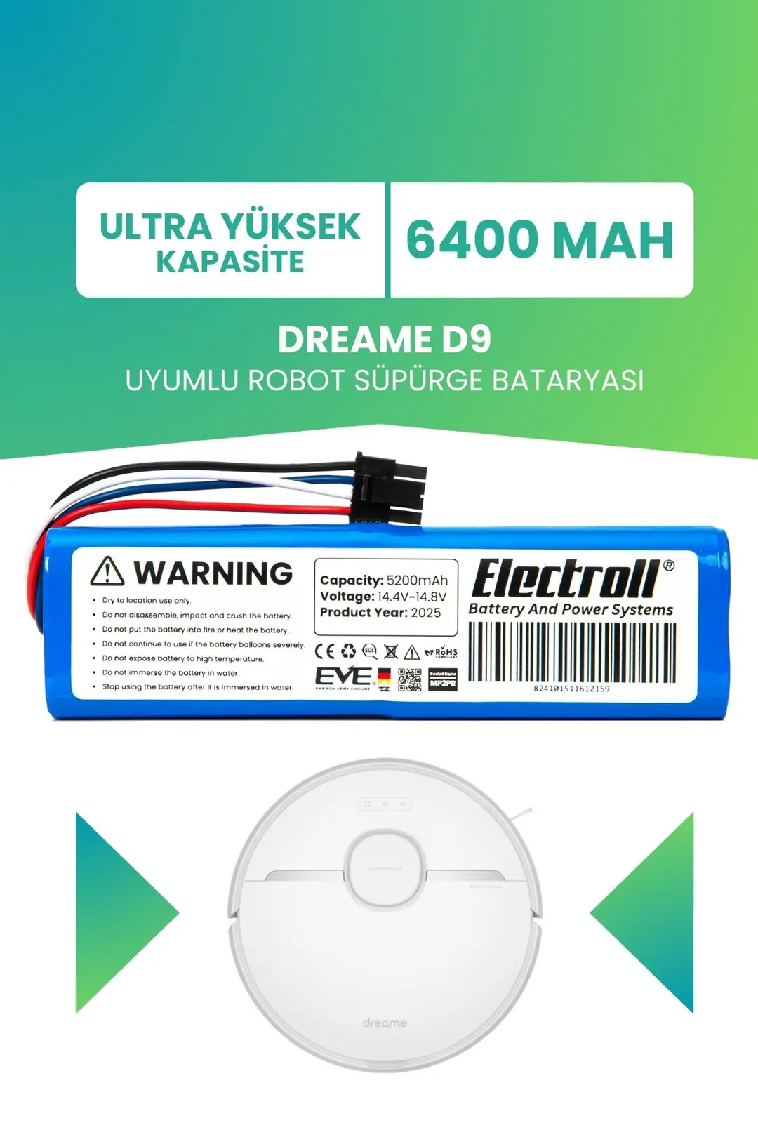 🔋Dreame D9 Robot Süpürge Bataryası | 6400mAh Ultra Yüksek Kapasite