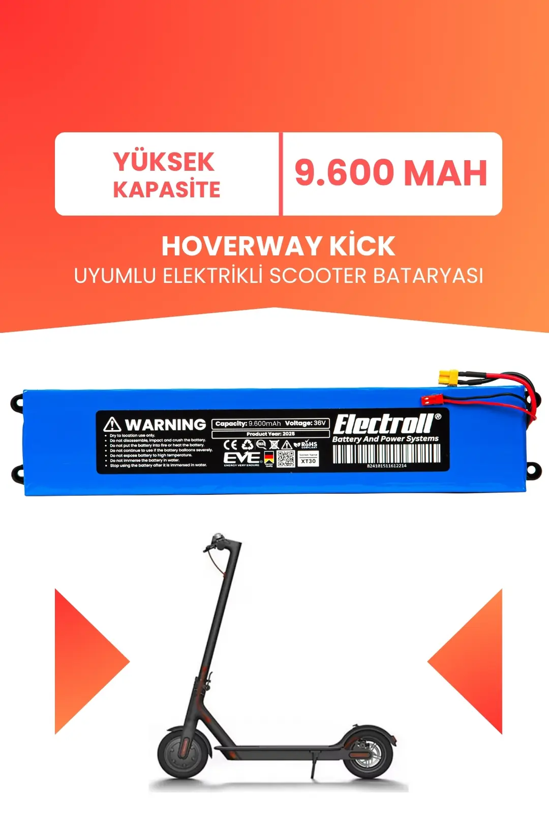 Hoverway Kick Uyumlu Batarya (Yüksek Kapasite) 36v 9.600Mah Elektrikli ...