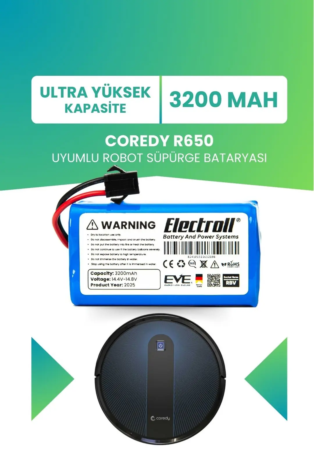🔋Coredy R650 Robot Süpürge Bataryası | 3200mAh Ultra Yüksek Kapasite