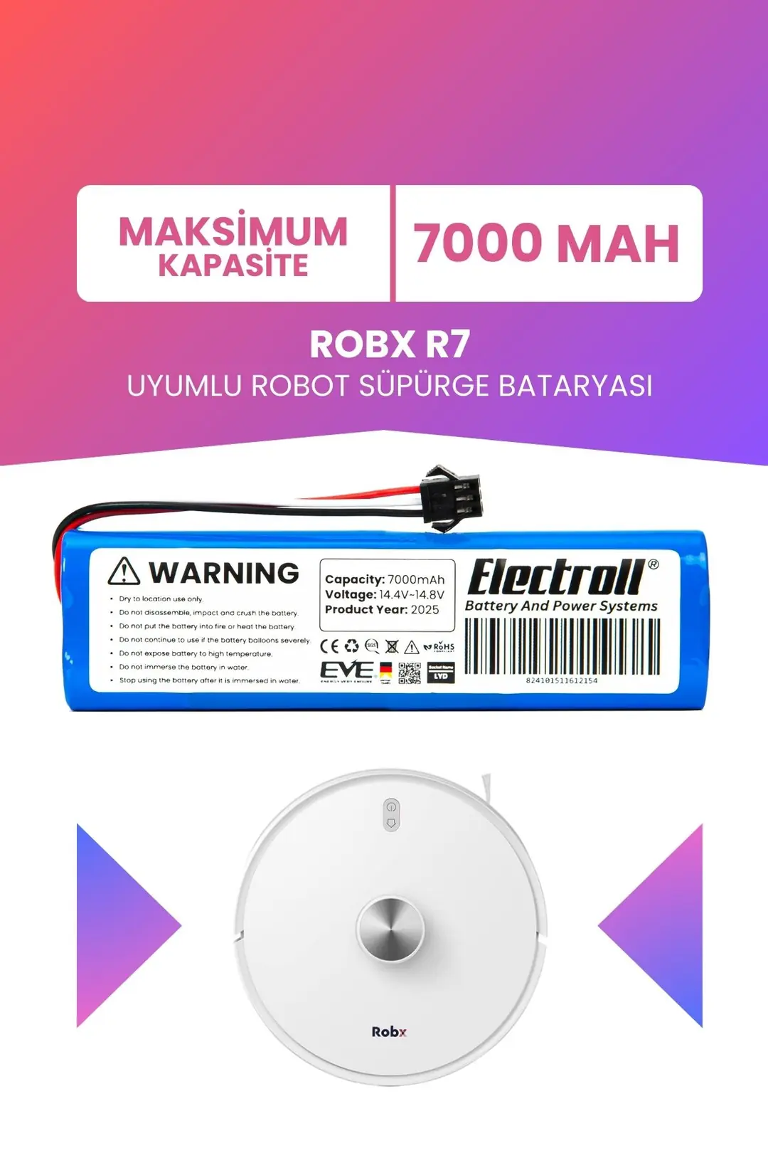 🔋Robx R7 Robot Süpürge Bataryası | 7000mAh Maksimum Kapasite