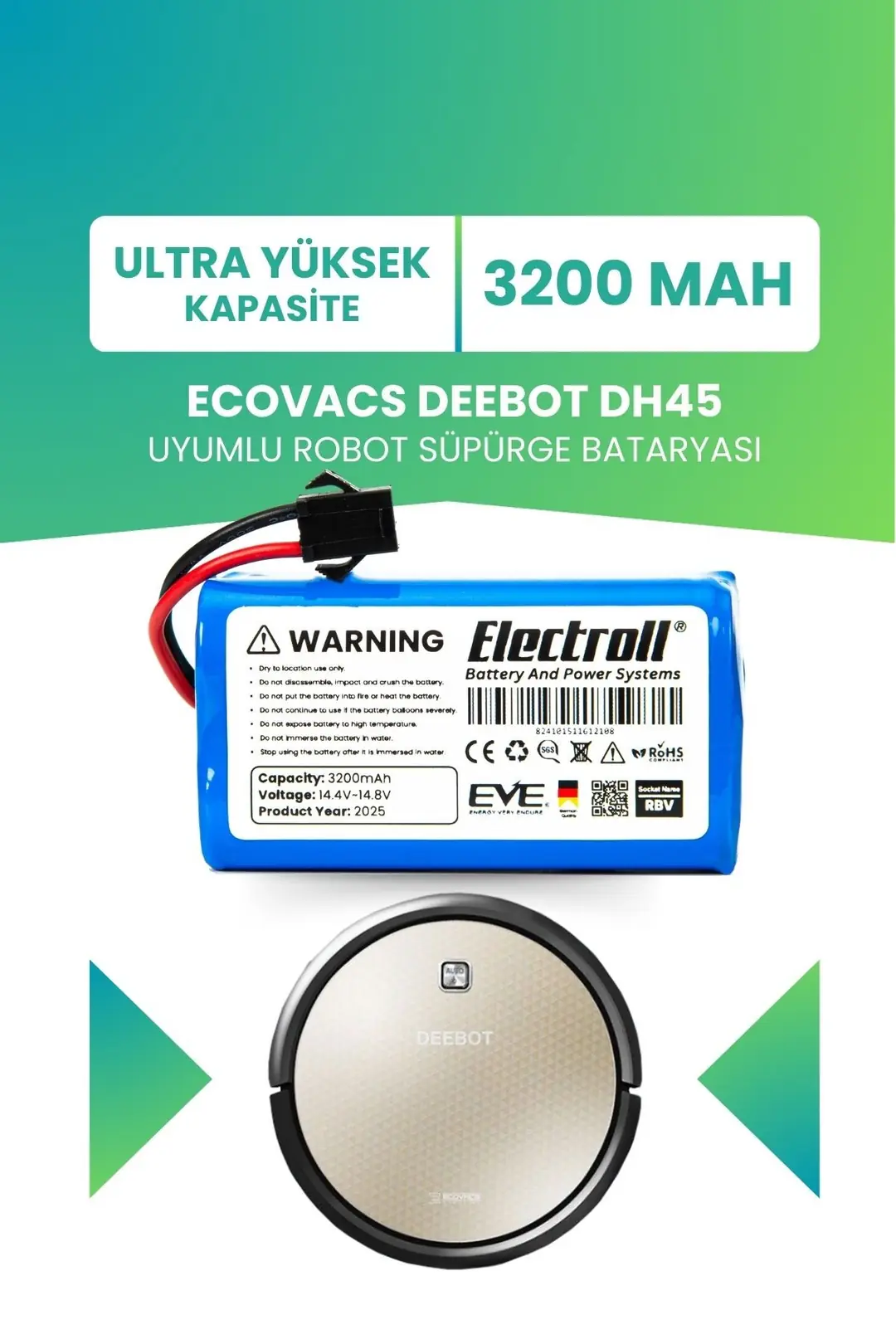🔋Ecovacs Deebot Dh45 Robot Süpürge Bataryası | 3200mAh Ultra Yüksek ...