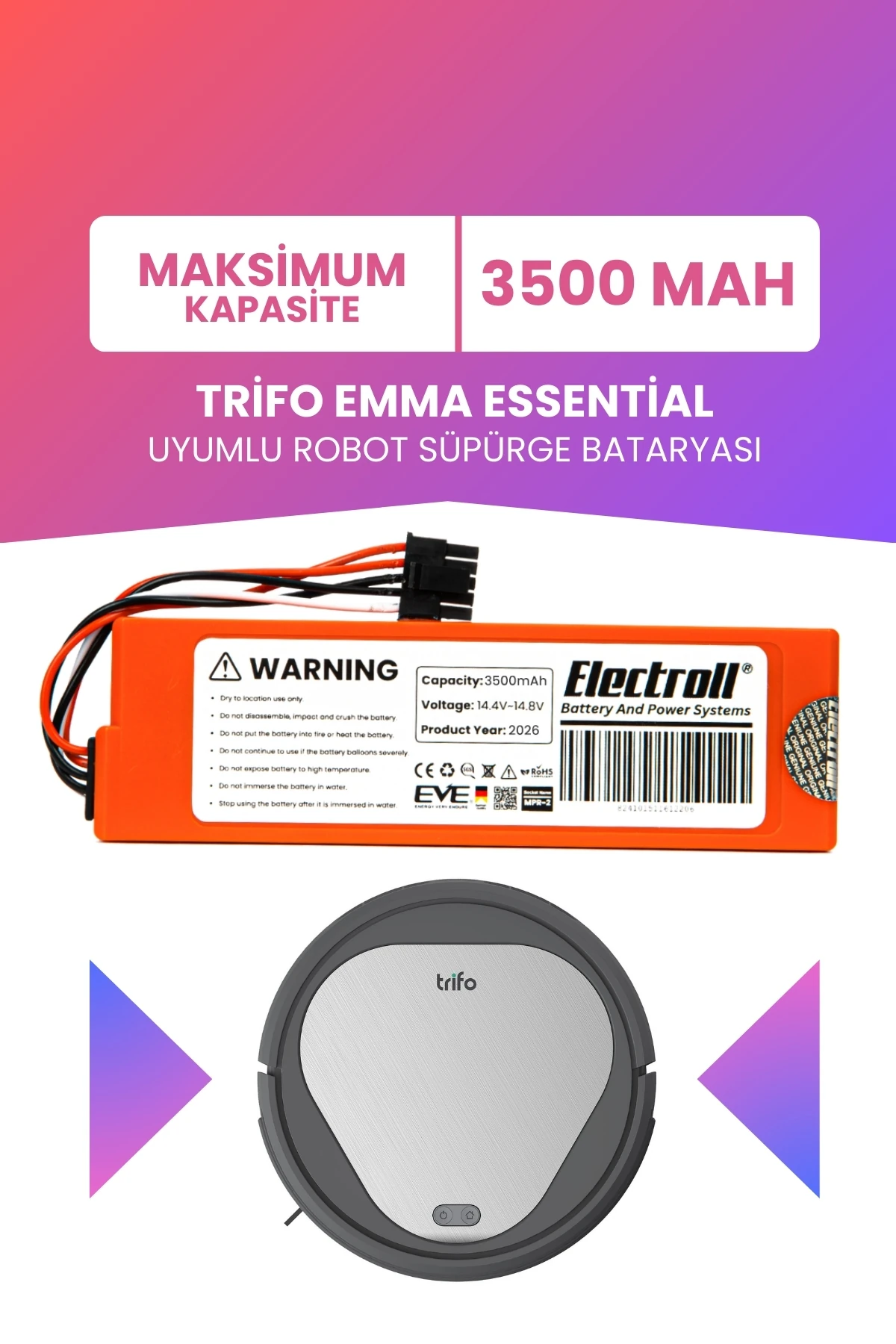 🔋 Trifo Emma Essential Robot Süpürge Bataryası | 3500mAh Maksimum Kapasite