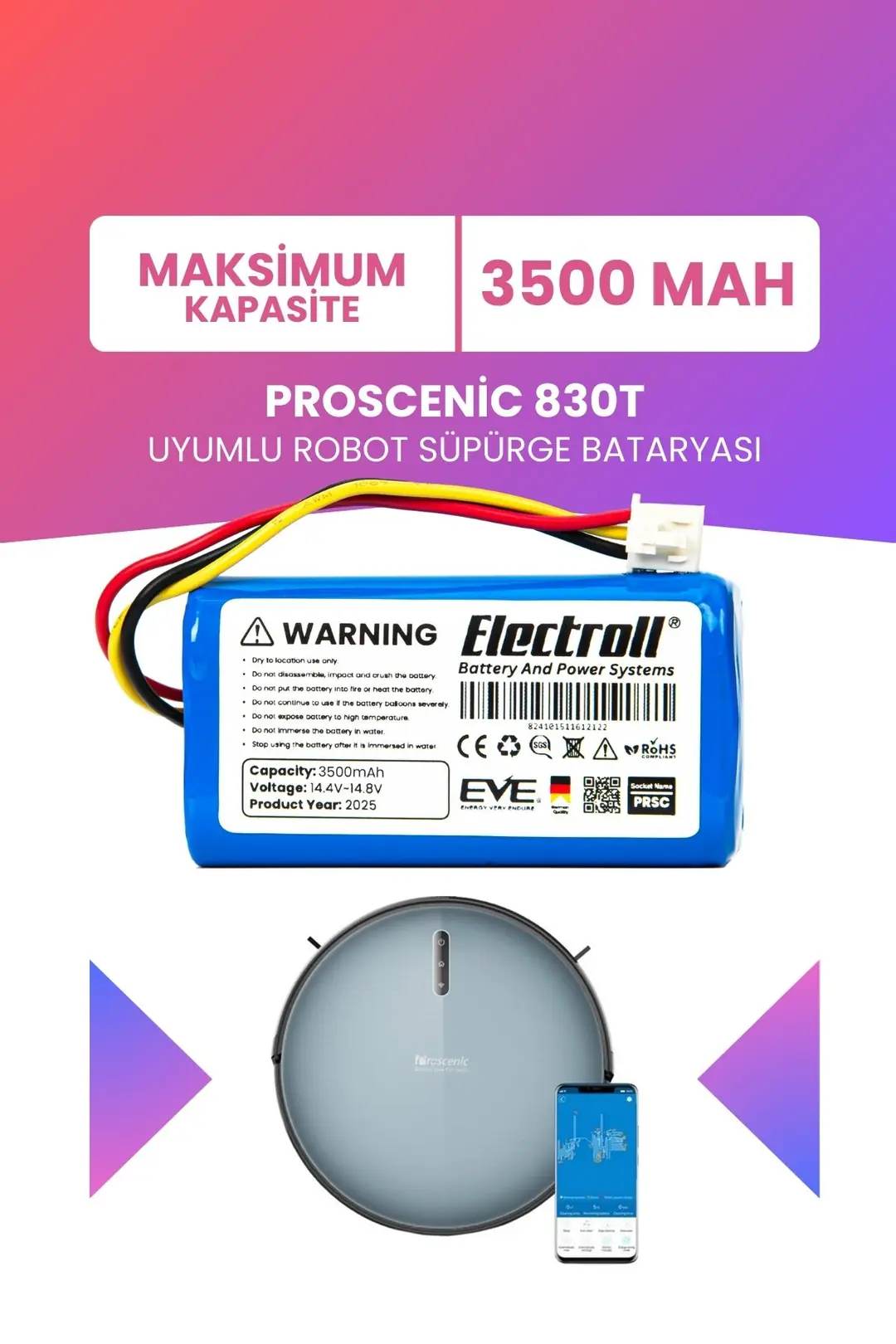🔋Proscenic 830t Robot Süpürge Bataryası | 3500mAh Maksimum Kapasite