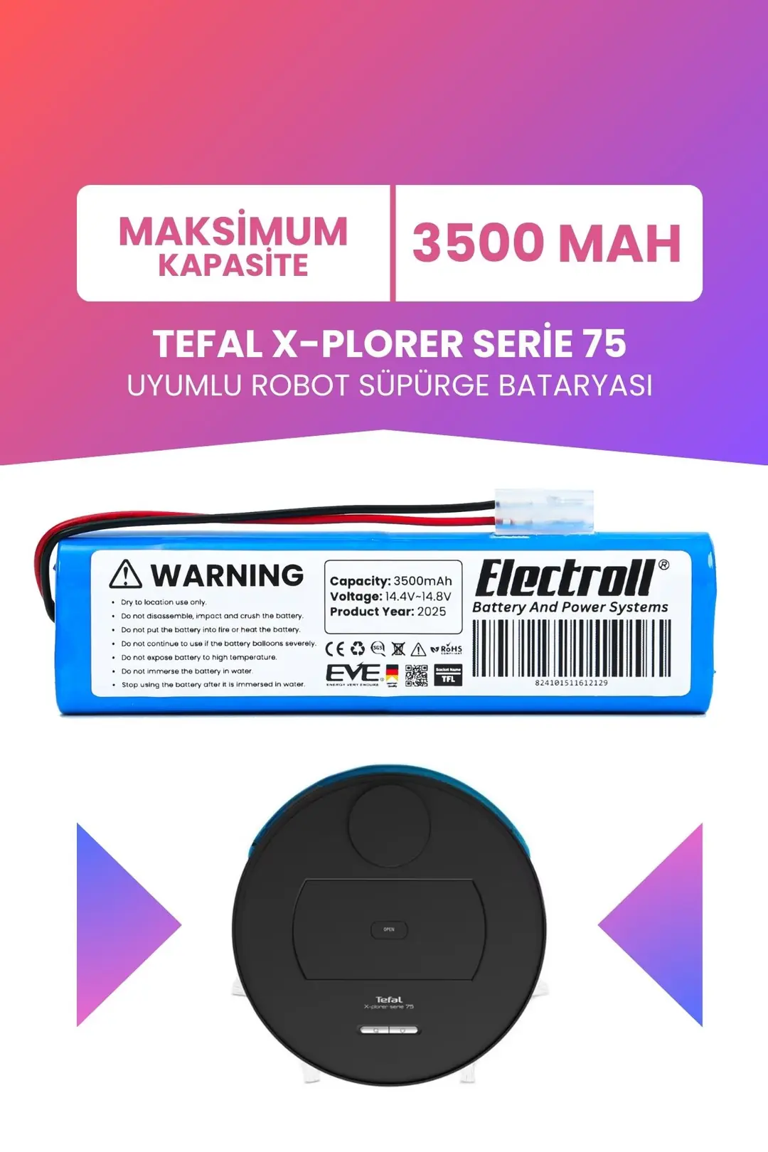 🔋Tefal X-plorer Serie 75 Robot Süpürge Bataryası | 3500mAh Maksimum Kapasite
