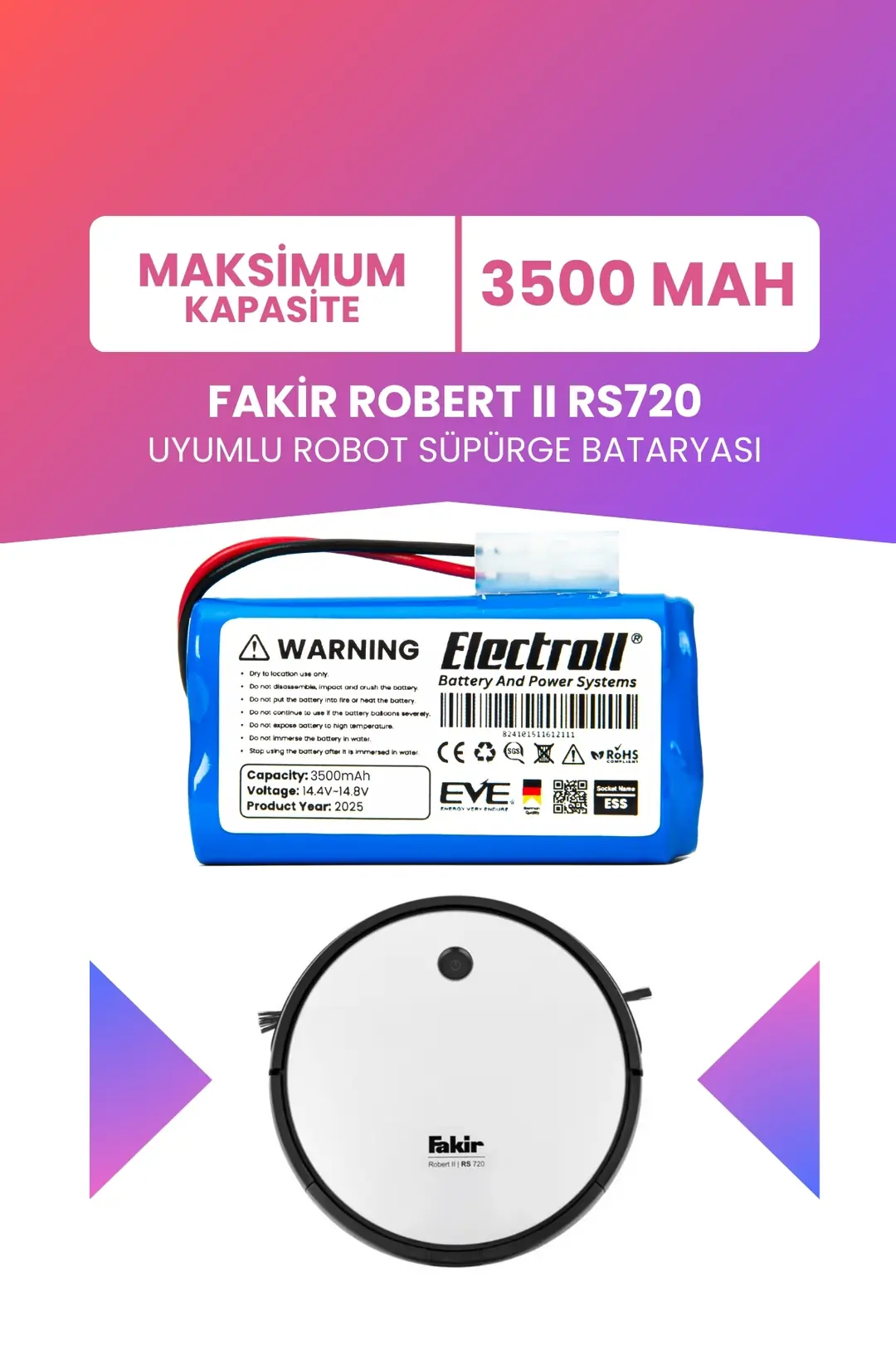 🔋 Fakir Robert Iı Rs720 Robot Süpürge Bataryası | 3500mAh Maksimum Kapasite