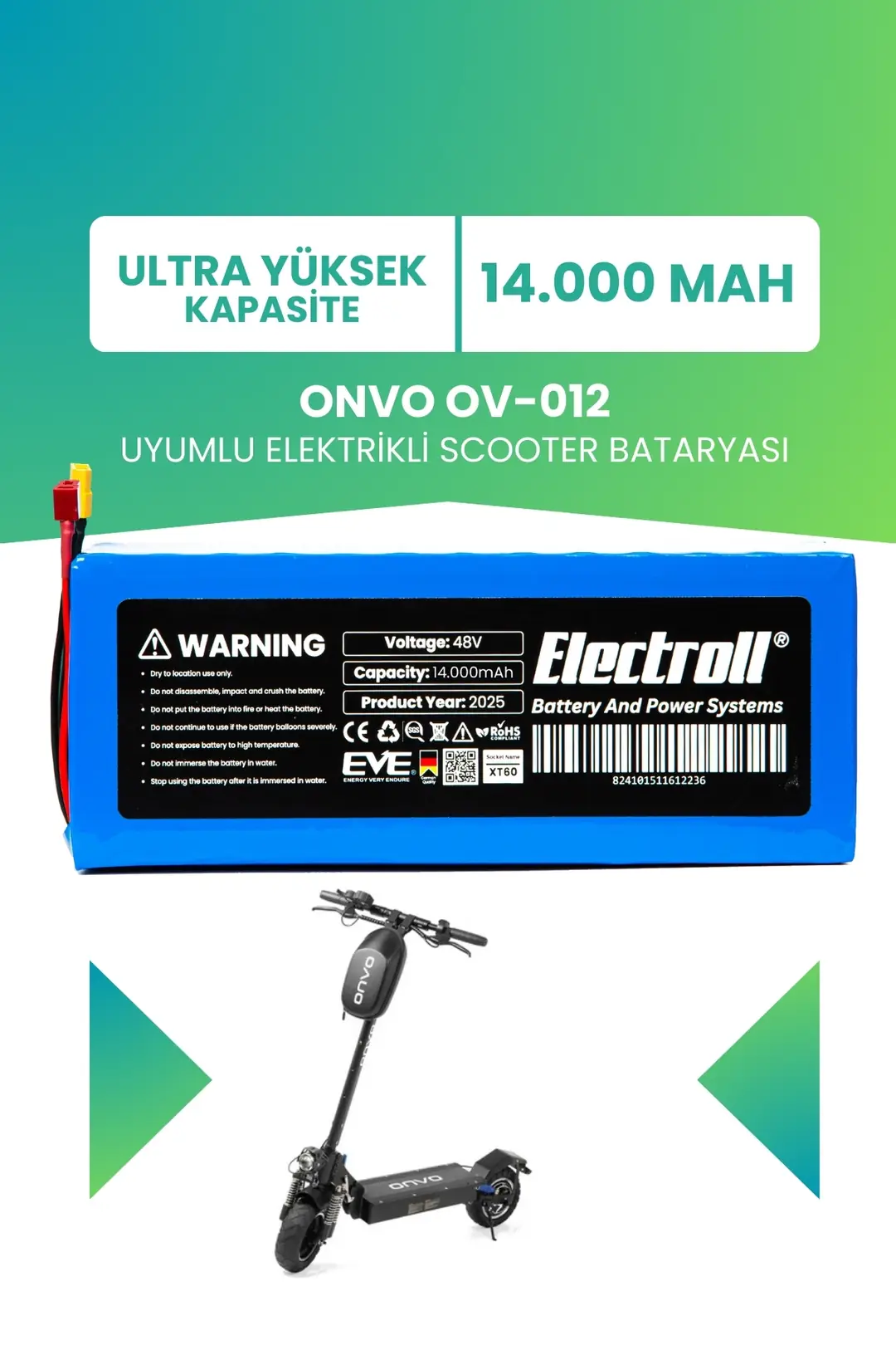 ONVO OV-012 (Ultra Yüksek Kapasite) Batarya 48v 14ah Pil Elektrikli ...