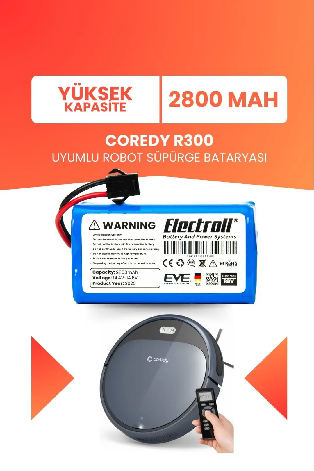 🔋Coredy R300 Robot Süpürge Bataryası | 2800mAh Yüksek Kapasite