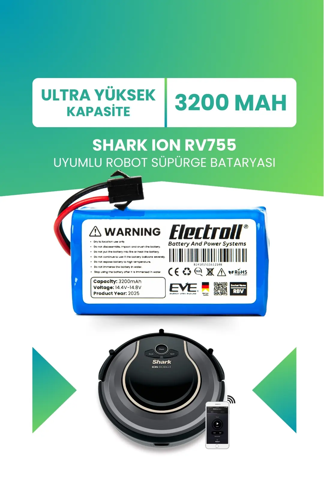 🔋Shark Ion Rv755 Robot Süpürge Bataryası | 3200mAh Ultra Yüksek Kapasite