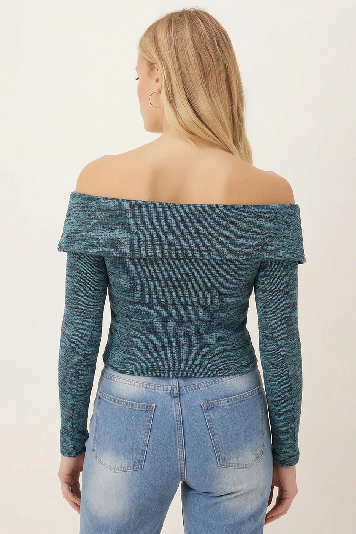 Kadın Turkuaz Düşük Omuz Önden Fermuarlı Hırka ARM-26K001034