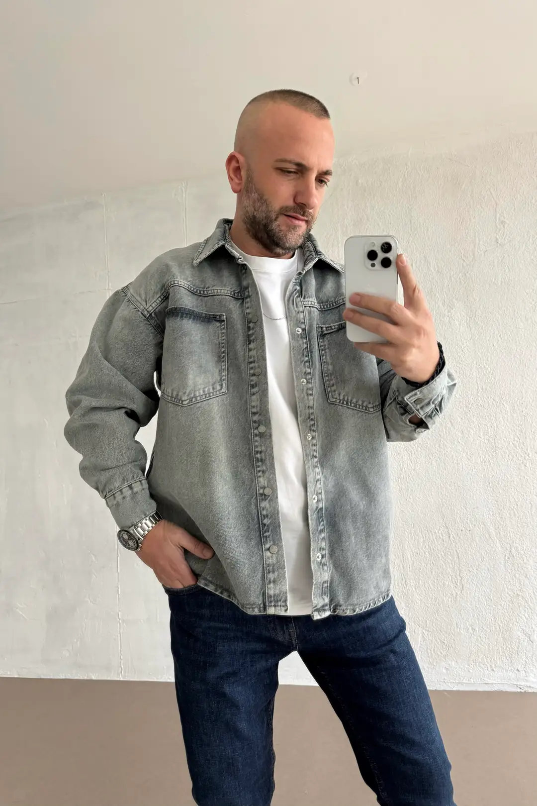 Kül Rengi Oversize Jean Gömlek