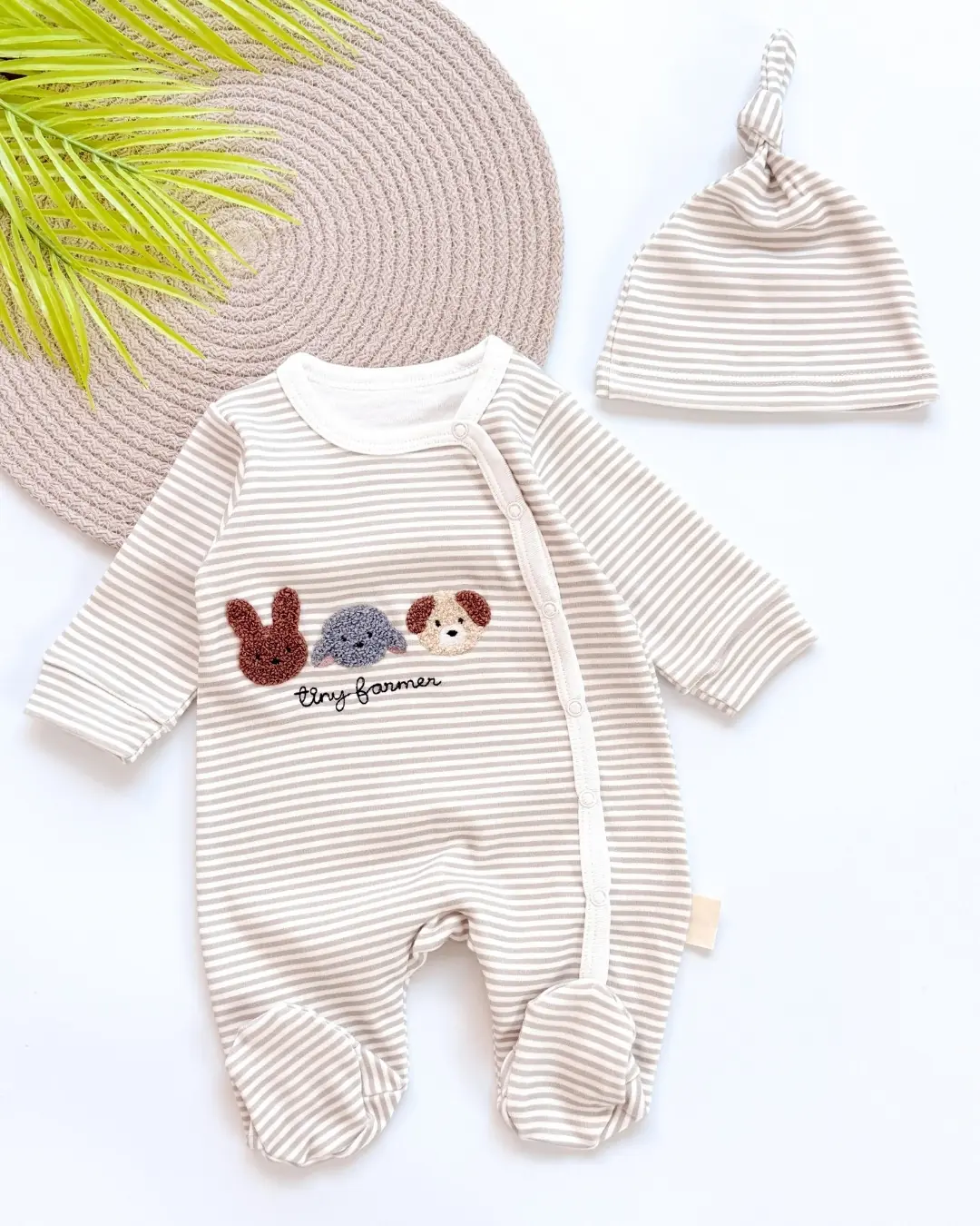 Tiny Farmer Şapkalı Çizgili Bebek Tulumu TLM110