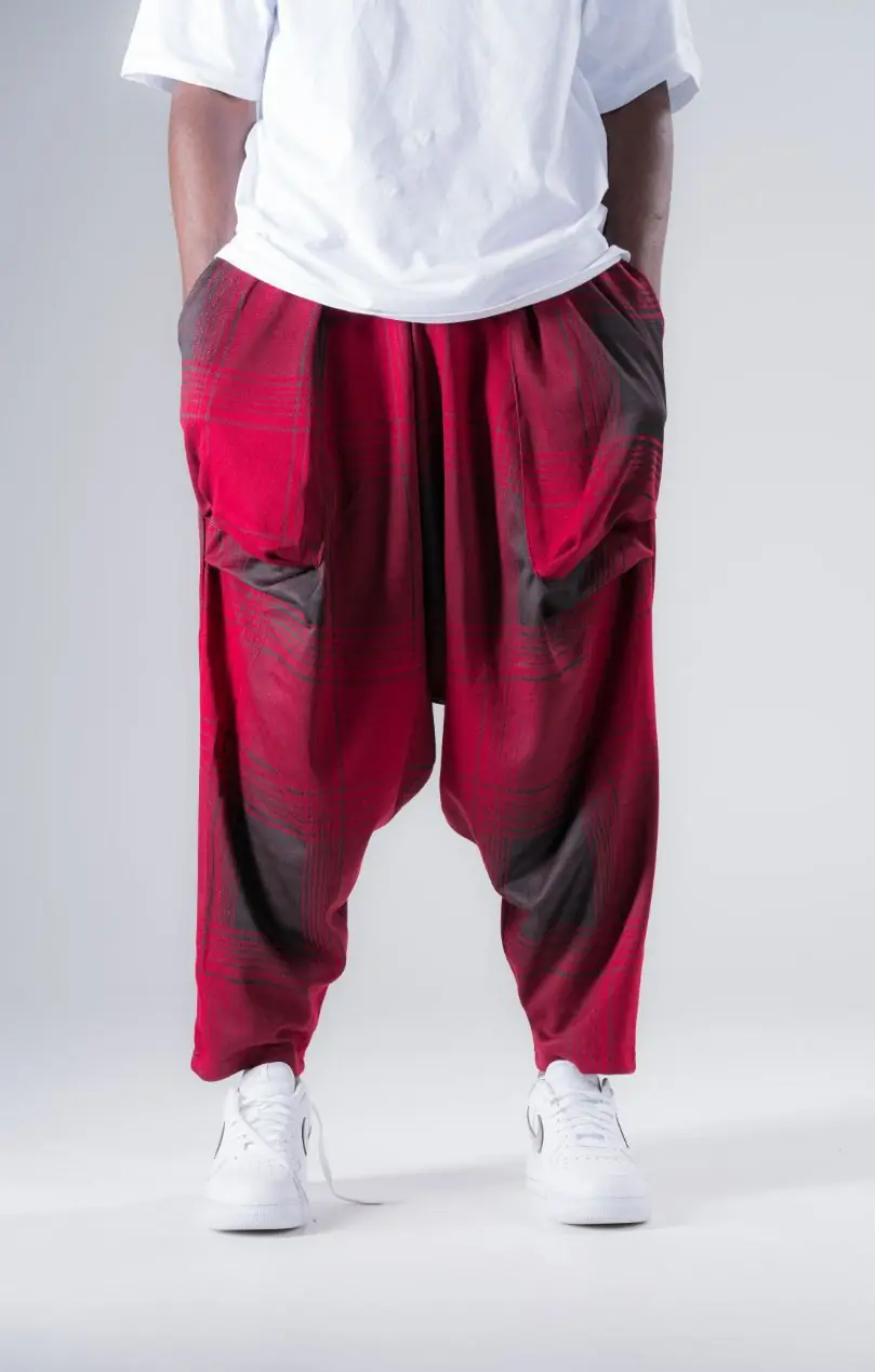 Kadın Bordo Ekose Pileli Şalvar Pantolon - Gerusta