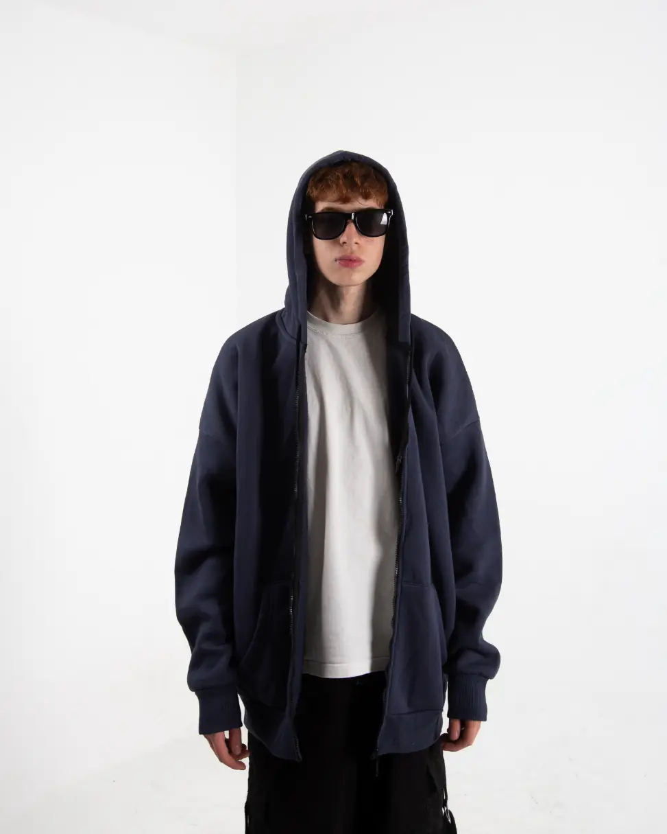Erkek Lacivert Basic Zip Oversize Sweatshirt - Gerusta